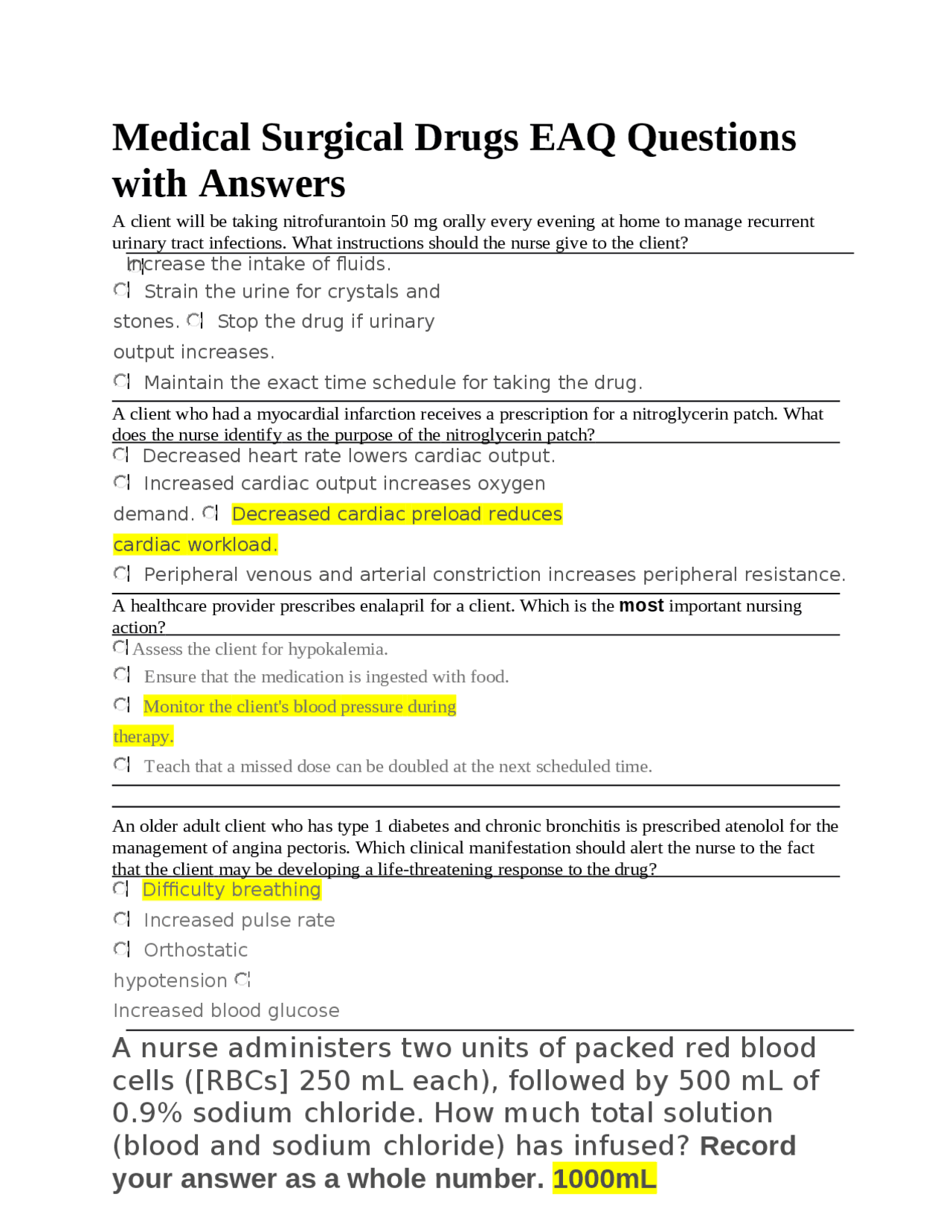 Medical Surgical Drugs EAQ Questions with Answers | Exams Pharmacology ...