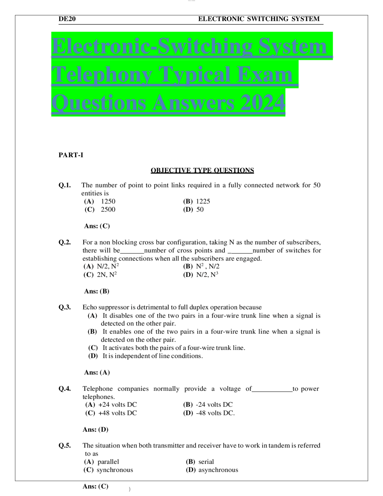 Exam Questions: Electronic Switching Systems | Exams Electronics | Docsity