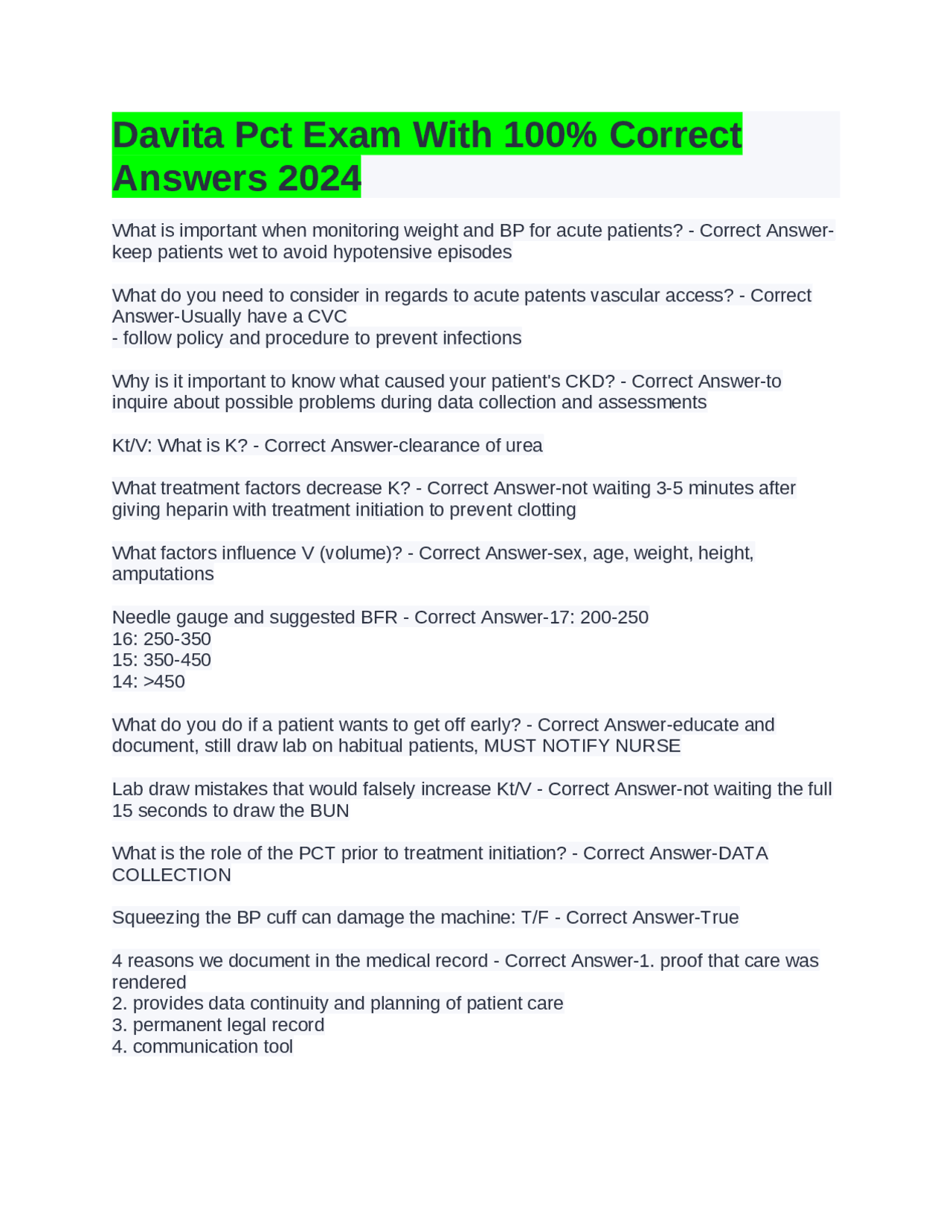 Davita Pct Exam With 100% Correct Answers 2024 | Exams Nursing | Docsity