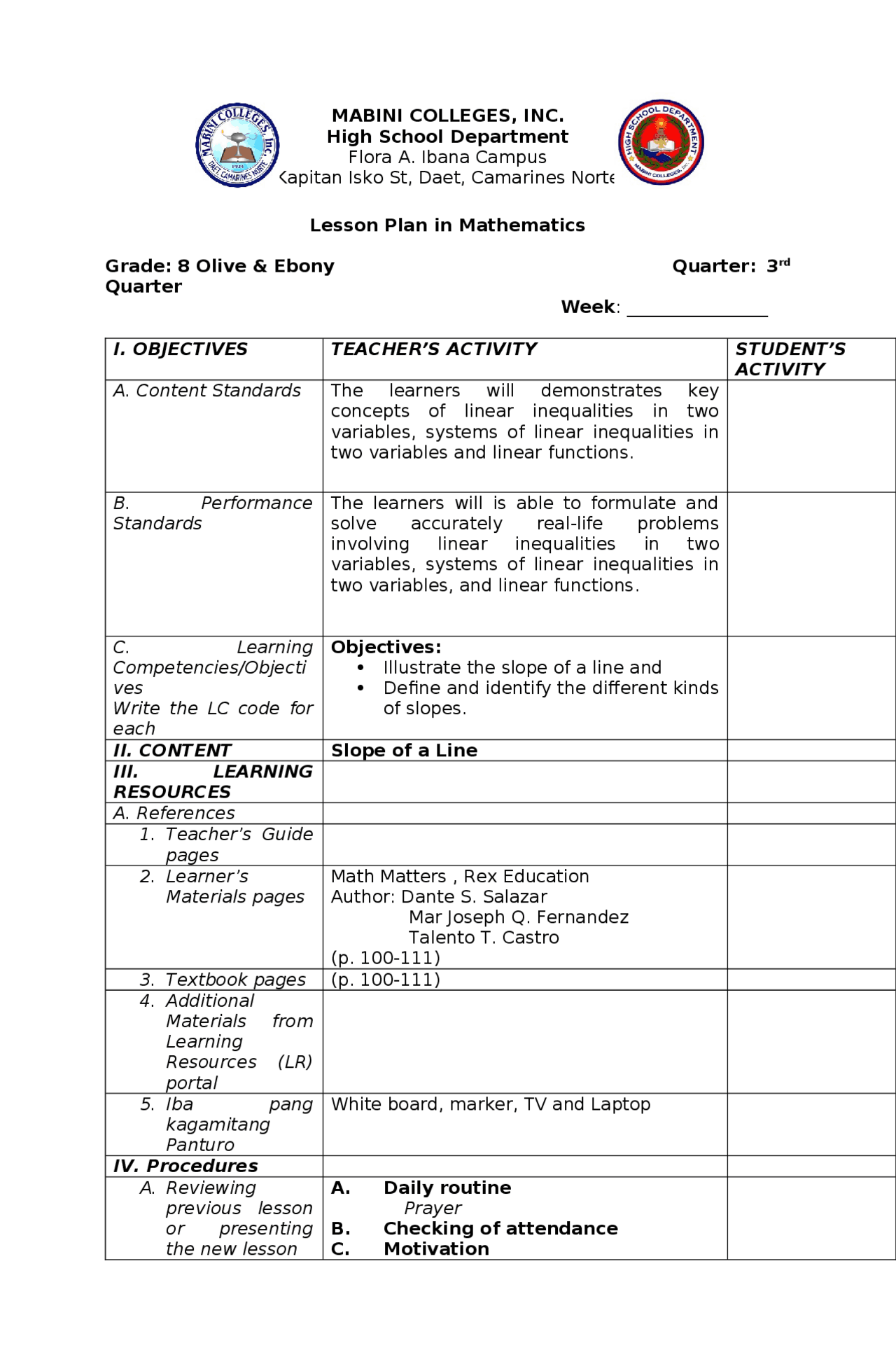 Lesson Plan in Mathematics: Slope of a Line for Grade 8 Olive & Ebony ...