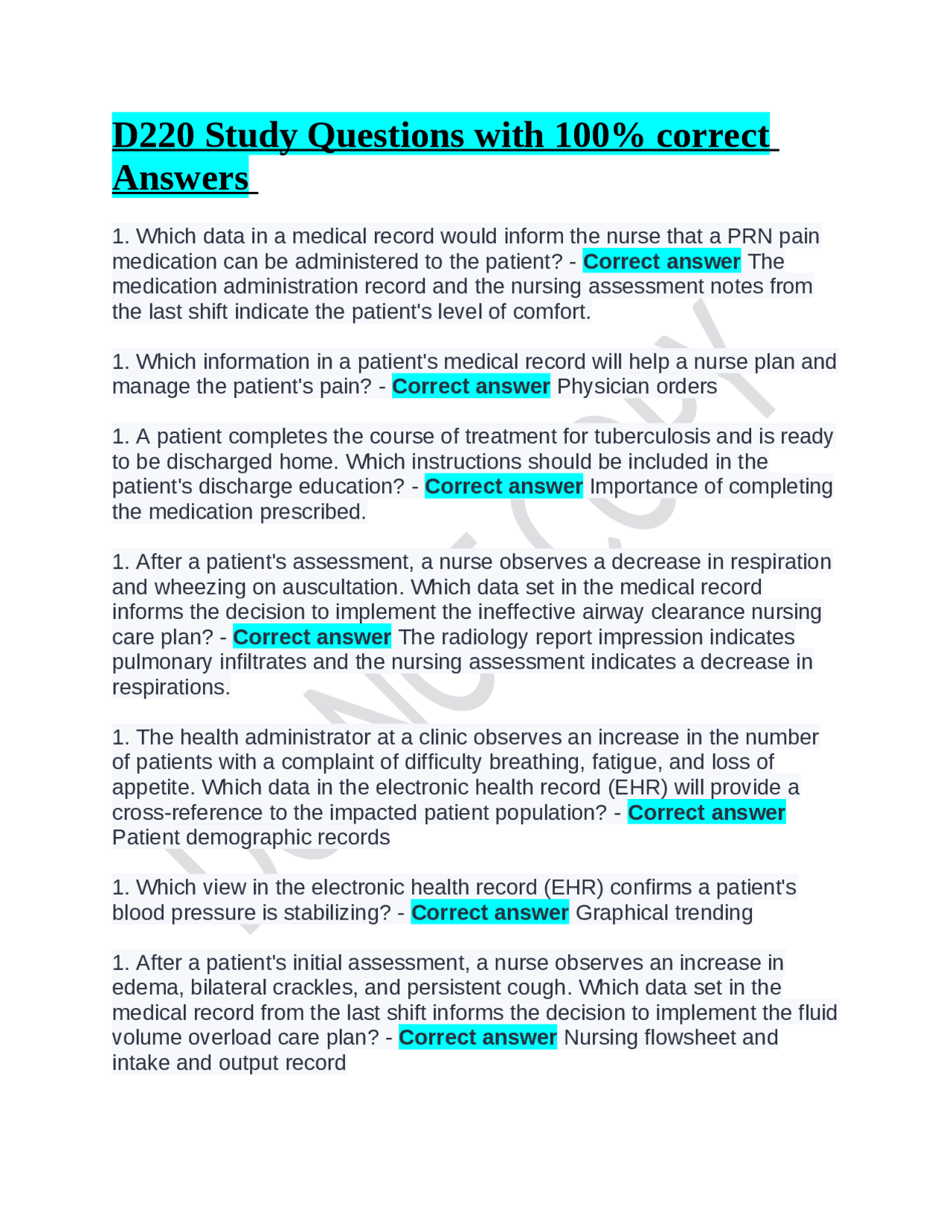 D220 Study Questions with 100% correct Answers | Exams Medicine | Docsity