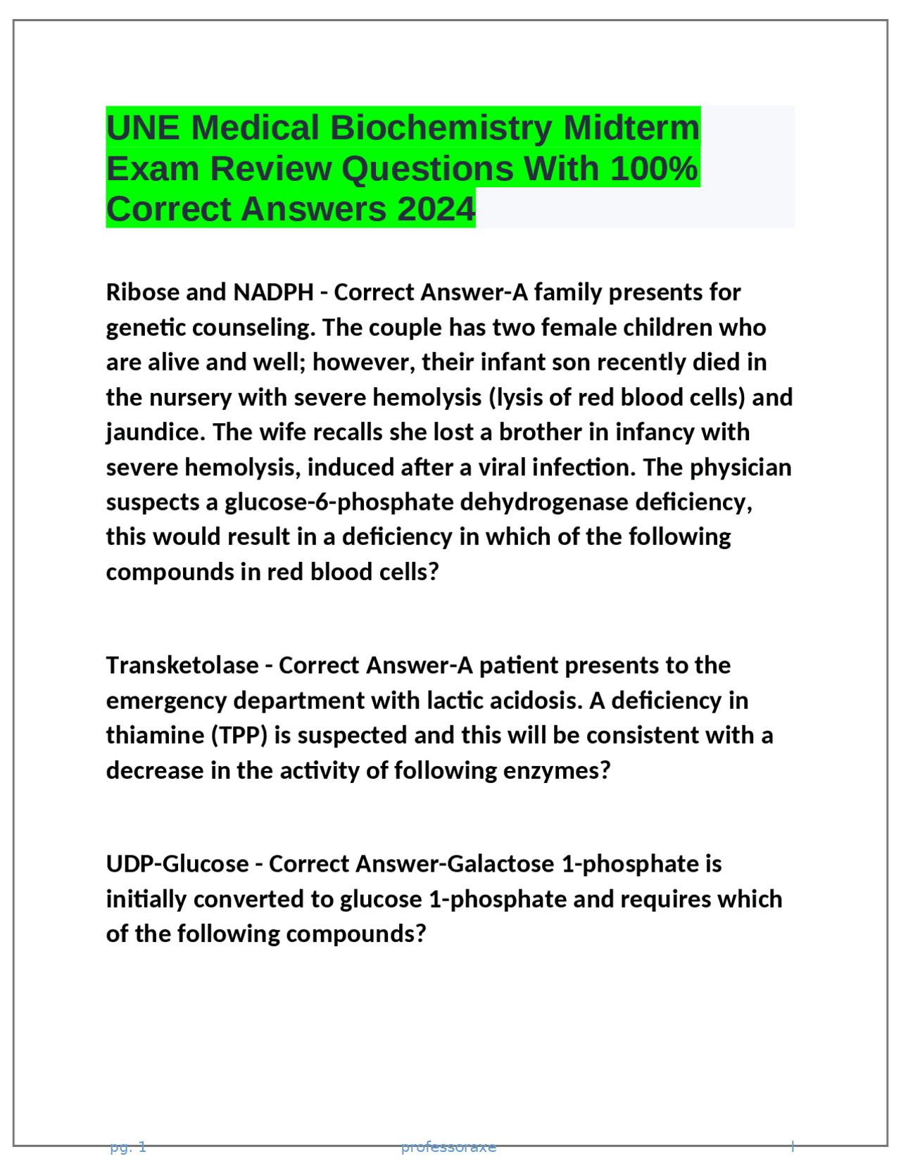 UNE Medical Biochemistry Midterm Exam Review Questions With 100% Correct Answers 2024 | Exams ...