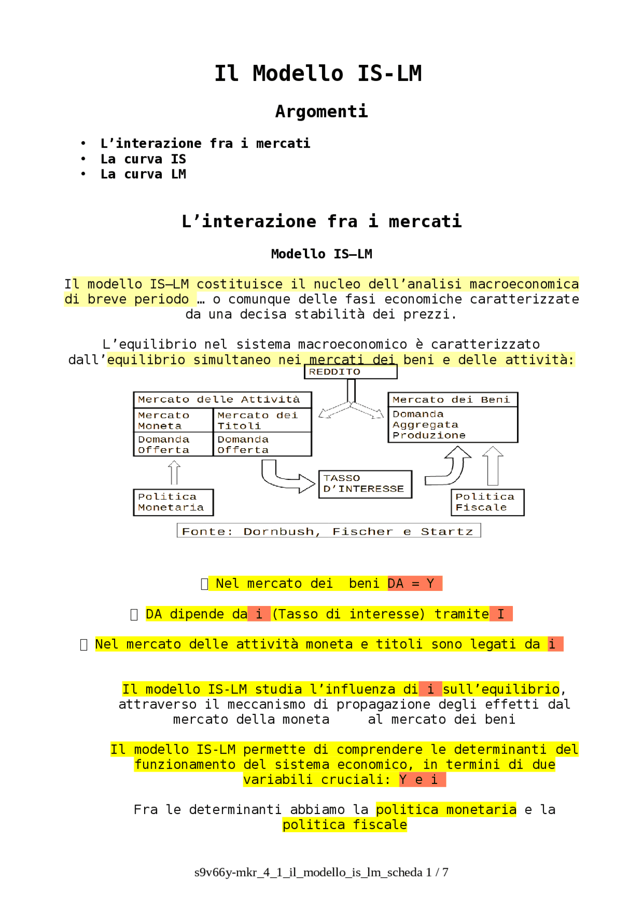 scheda modello IS-LM | Sintesi del corso di Economia Politica | Docsity