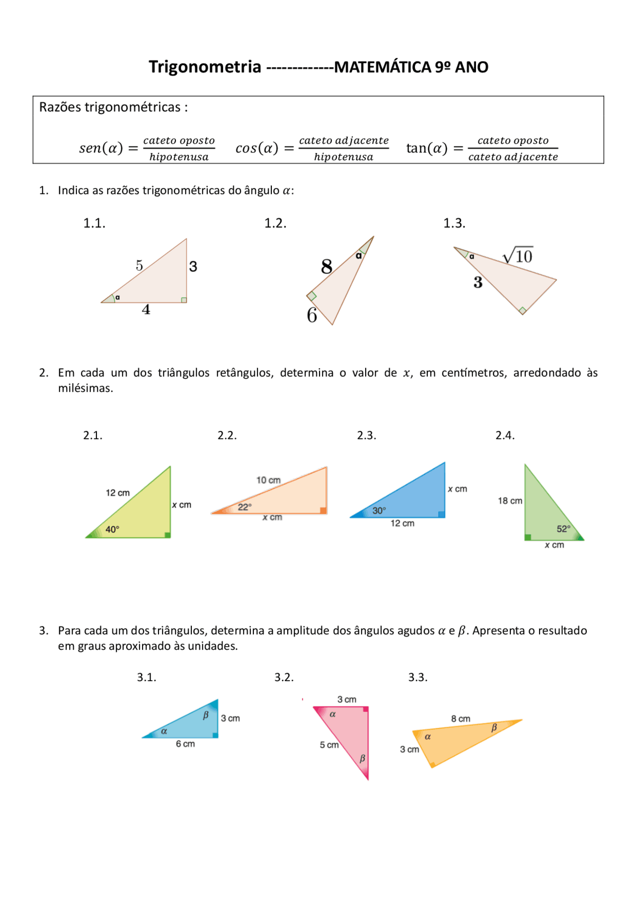 Matemática 9º ano, trigonometria | Exercícios Matemática | Docsity