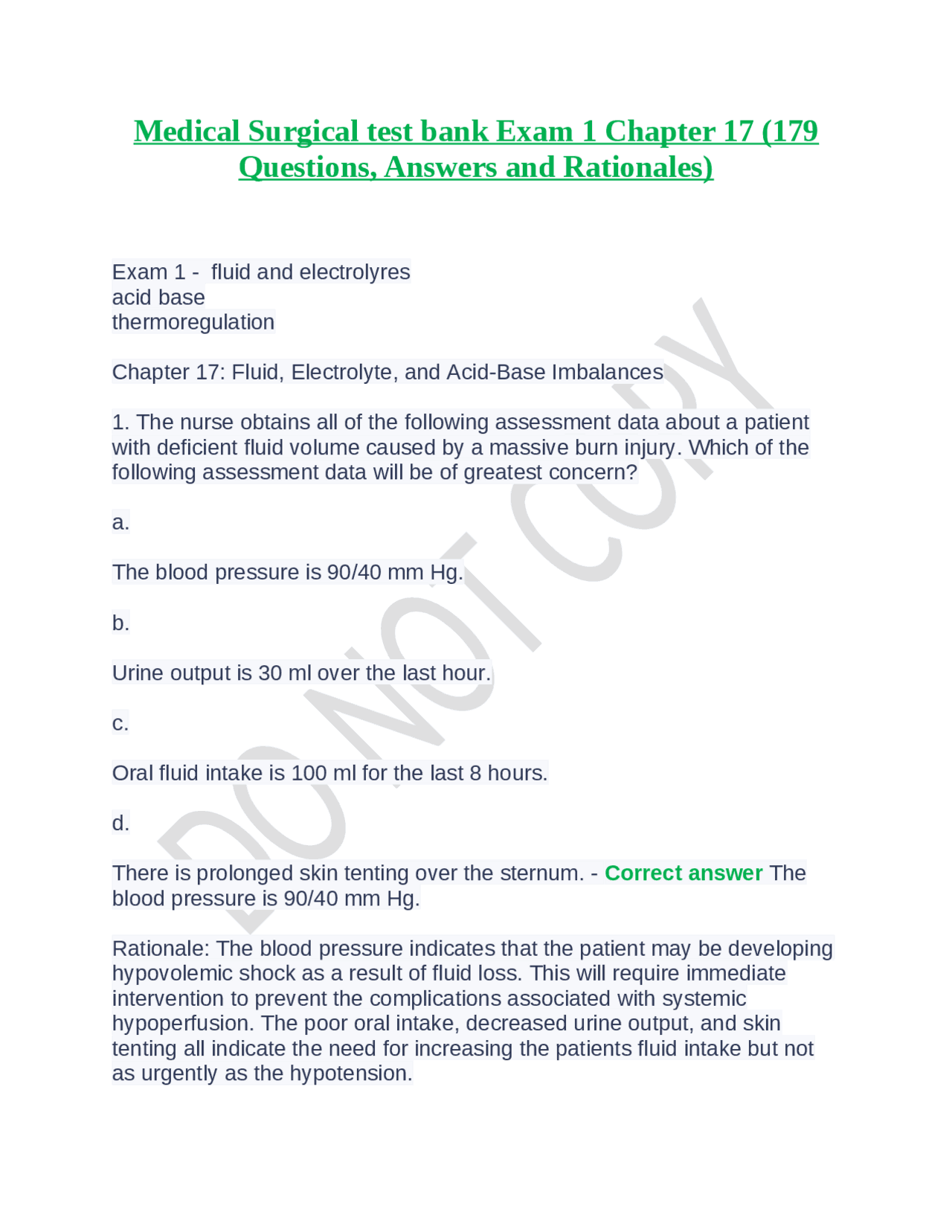 Medical Surgical test bank Exam 1 Chapter 17 (179 Questions, Answers ...