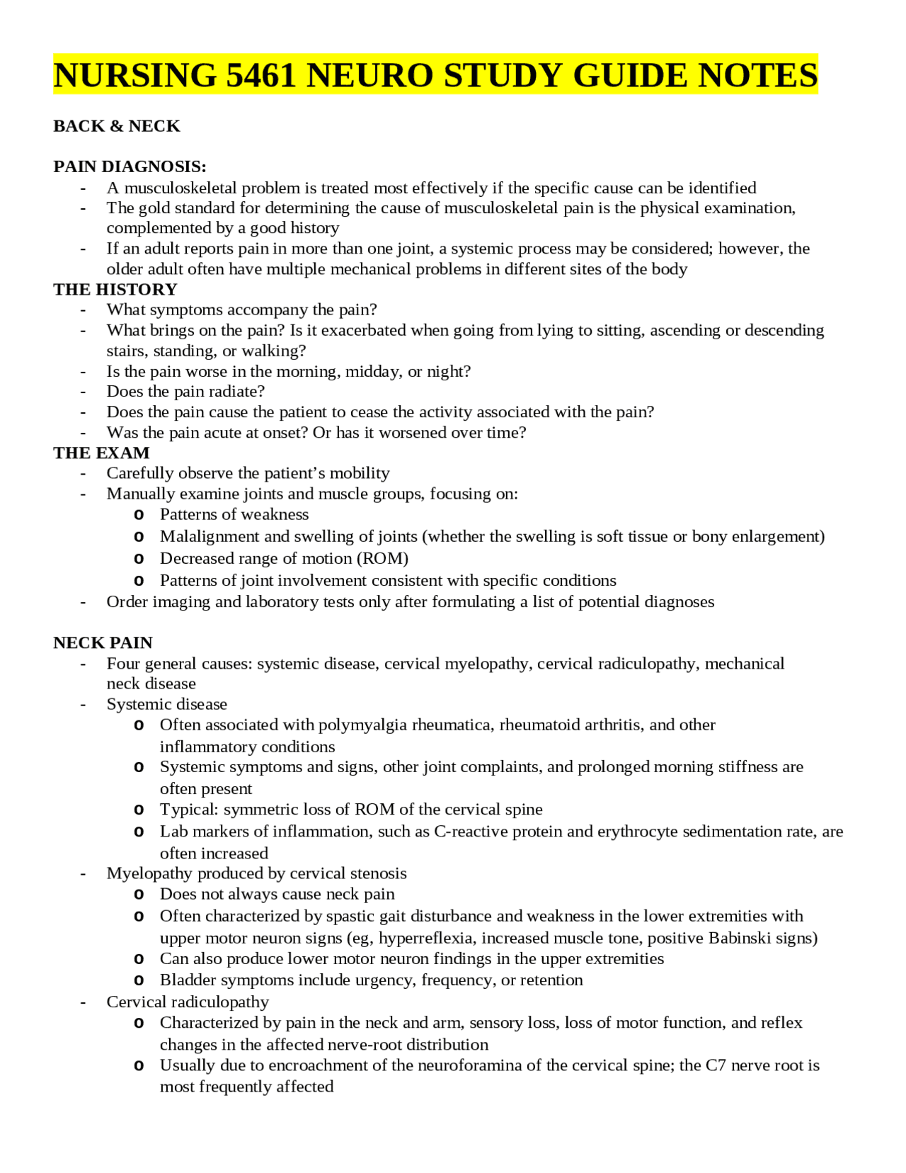 NURSING 5461 NEURO STUDY GUIDE NOTES | Exams Nursing | Docsity