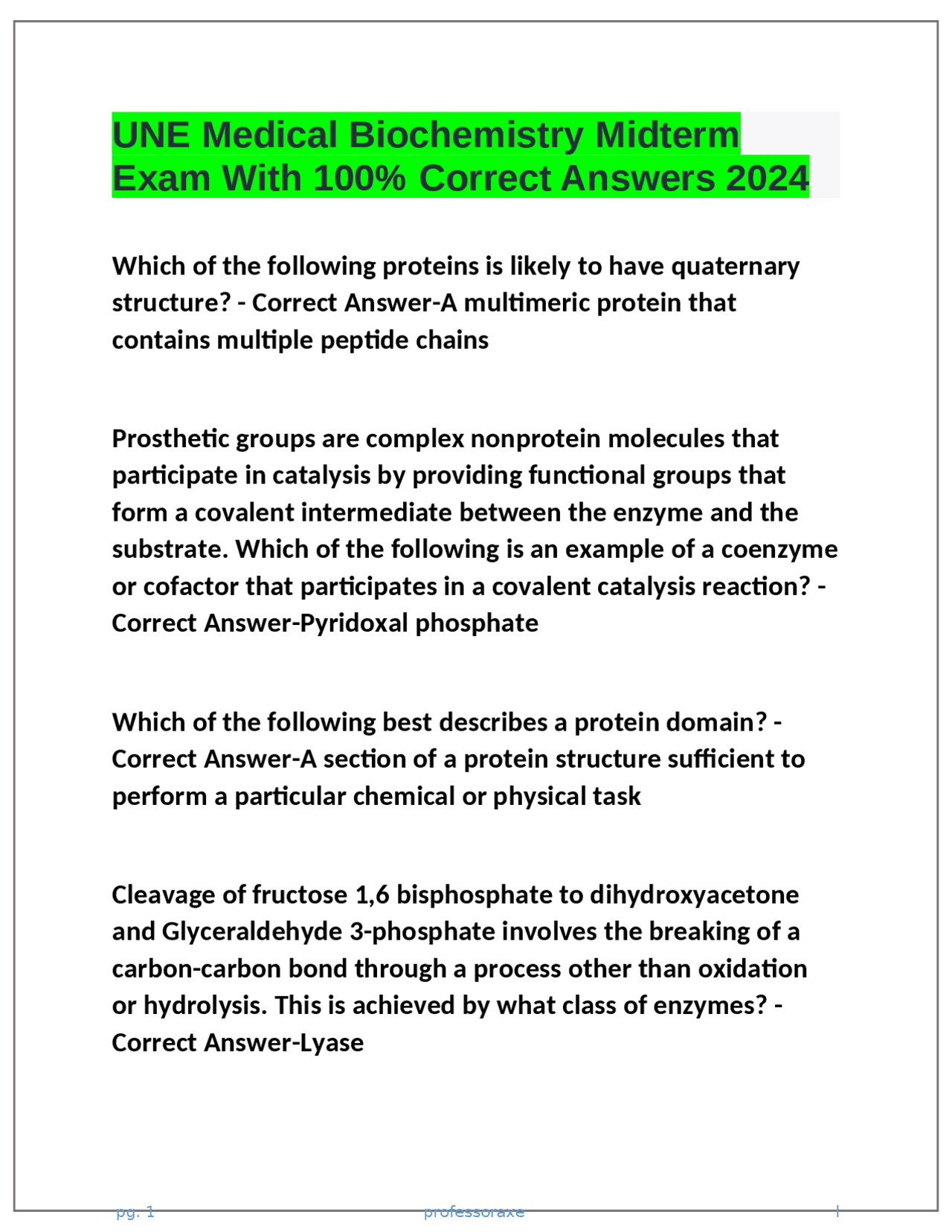 UNE Medical Biochemistry Midterm Exam With 100% Correct Answers 2024 ...