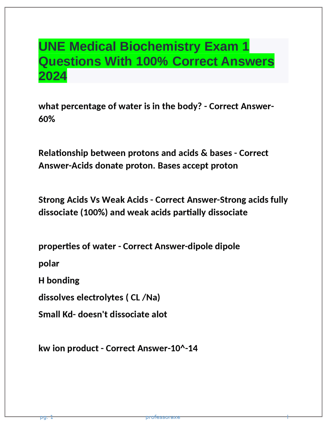UNE Medical Biochemistry Exam 1 Questions With 100% Correct Answers 2024 | Exams Nursing | Docsity