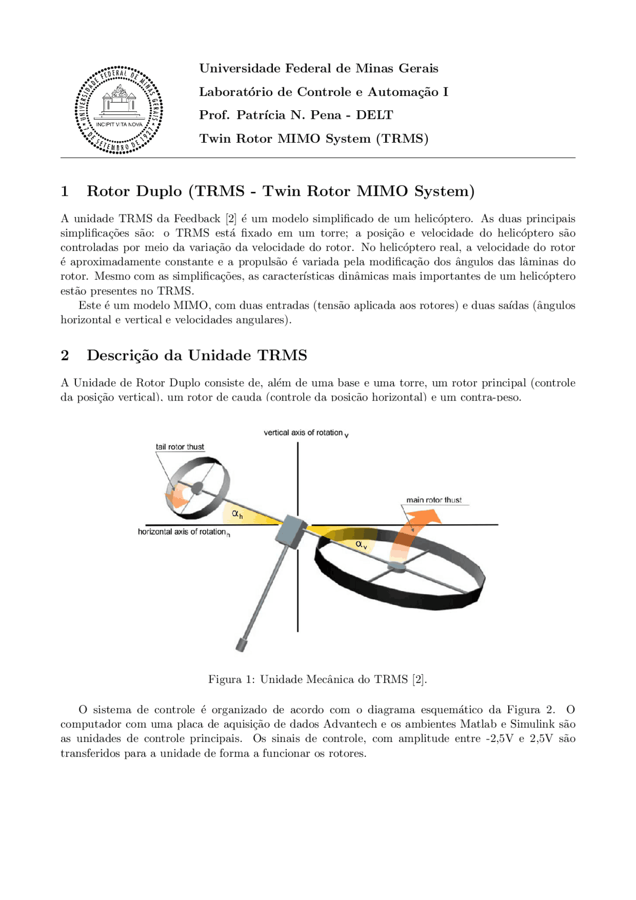 Controle de Rotor Duplo (TRMS) em Sistemas de Controle MIMO | Resumos Controle de Processo | Docsity