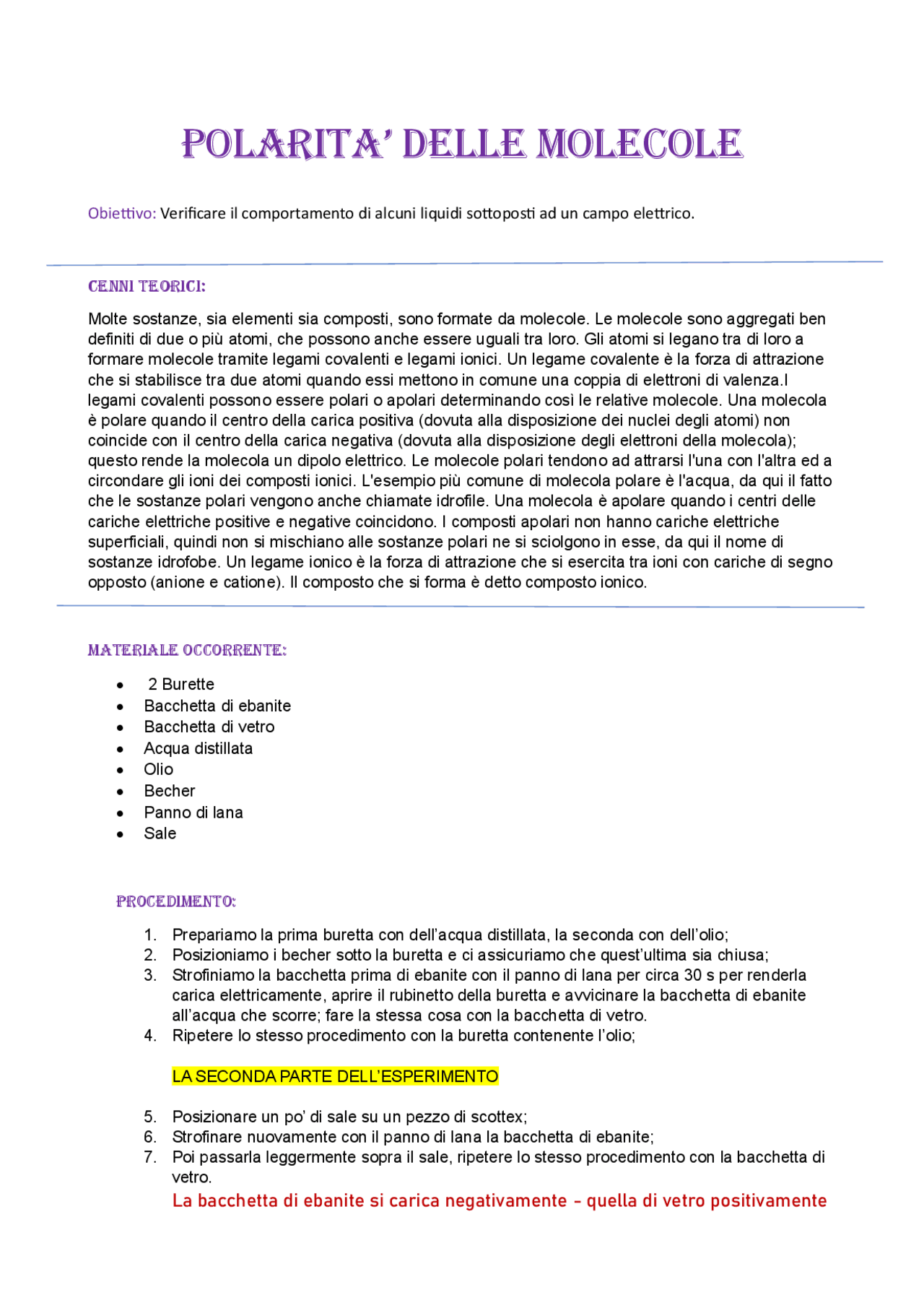 relazione sulla polarità delle molecole | Schemi e mappe concettuali di Chimica | Docsity