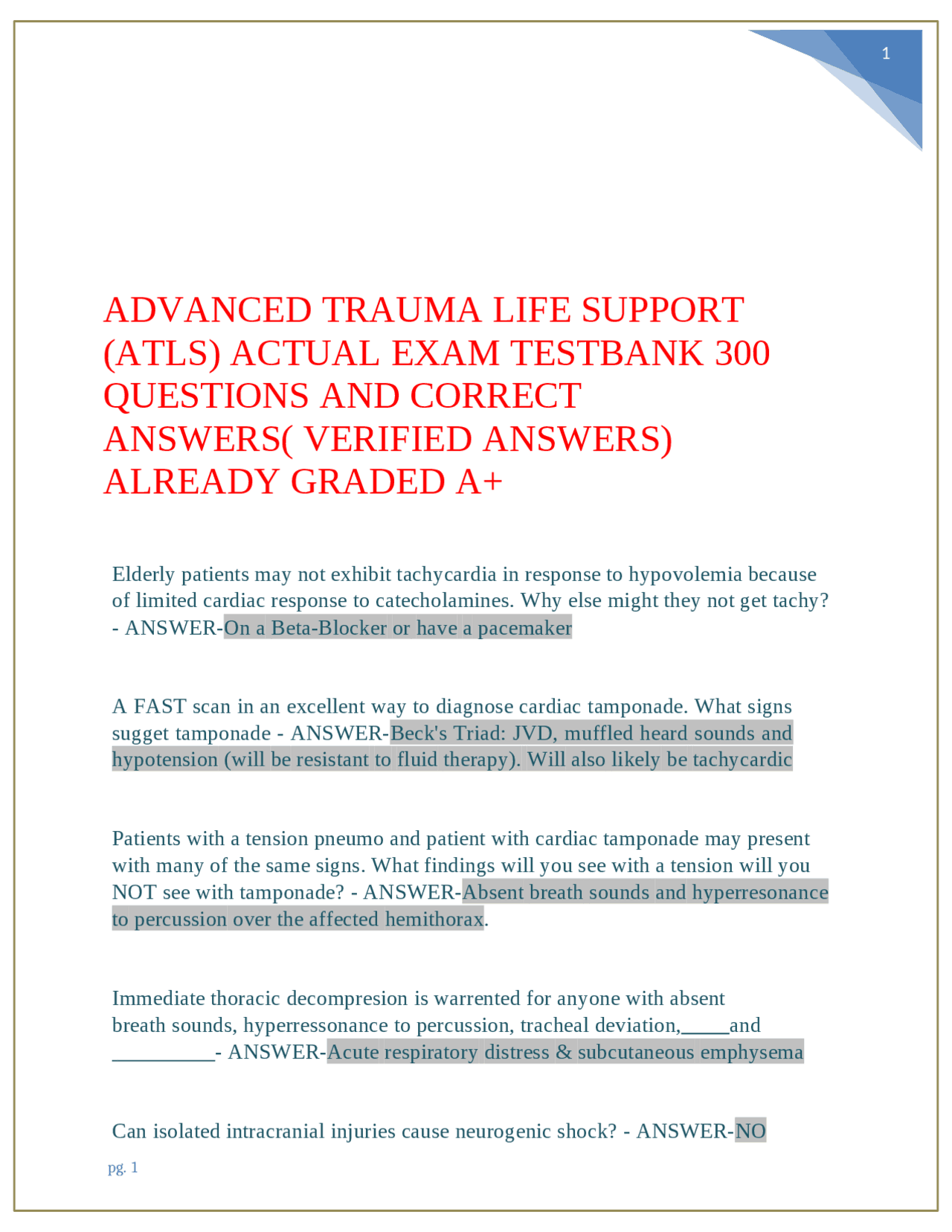 ADVANCED TRAUMA LIFE SUPPORT (ATLS) ACTUAL EXAM TESTBANK 300 QUESTIONS ...
