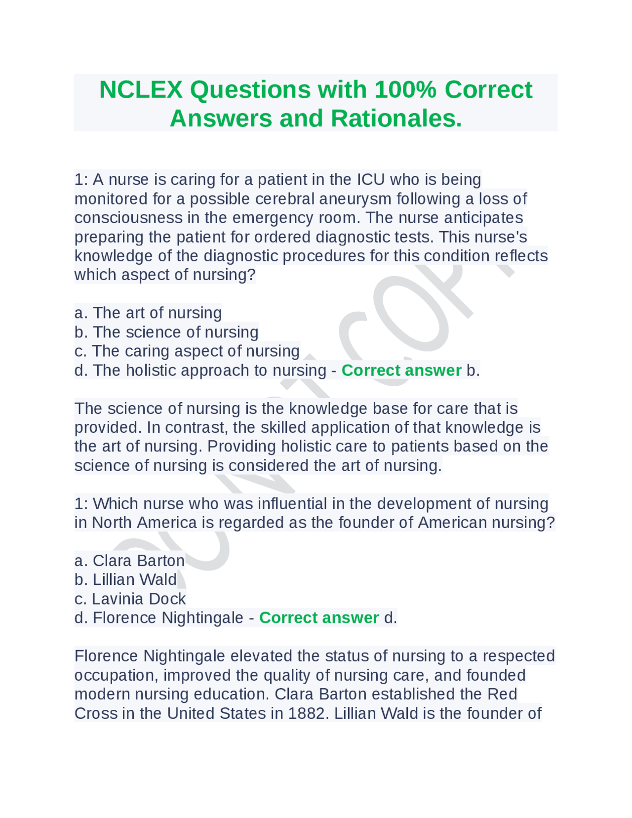 NCLEX Questions with 100% Correct Answers and Rationales. | Exams Nursing | Docsity