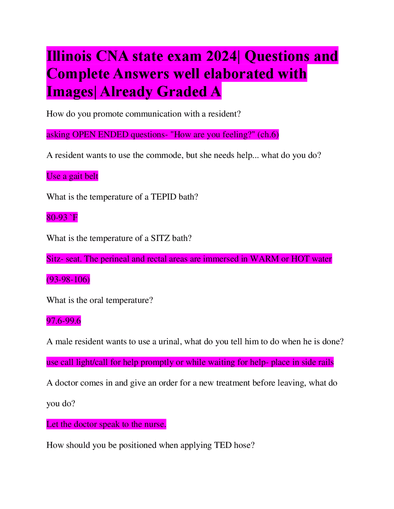 Illinois CNA Exam Questions and Answers: Communication, Care Procedures ...