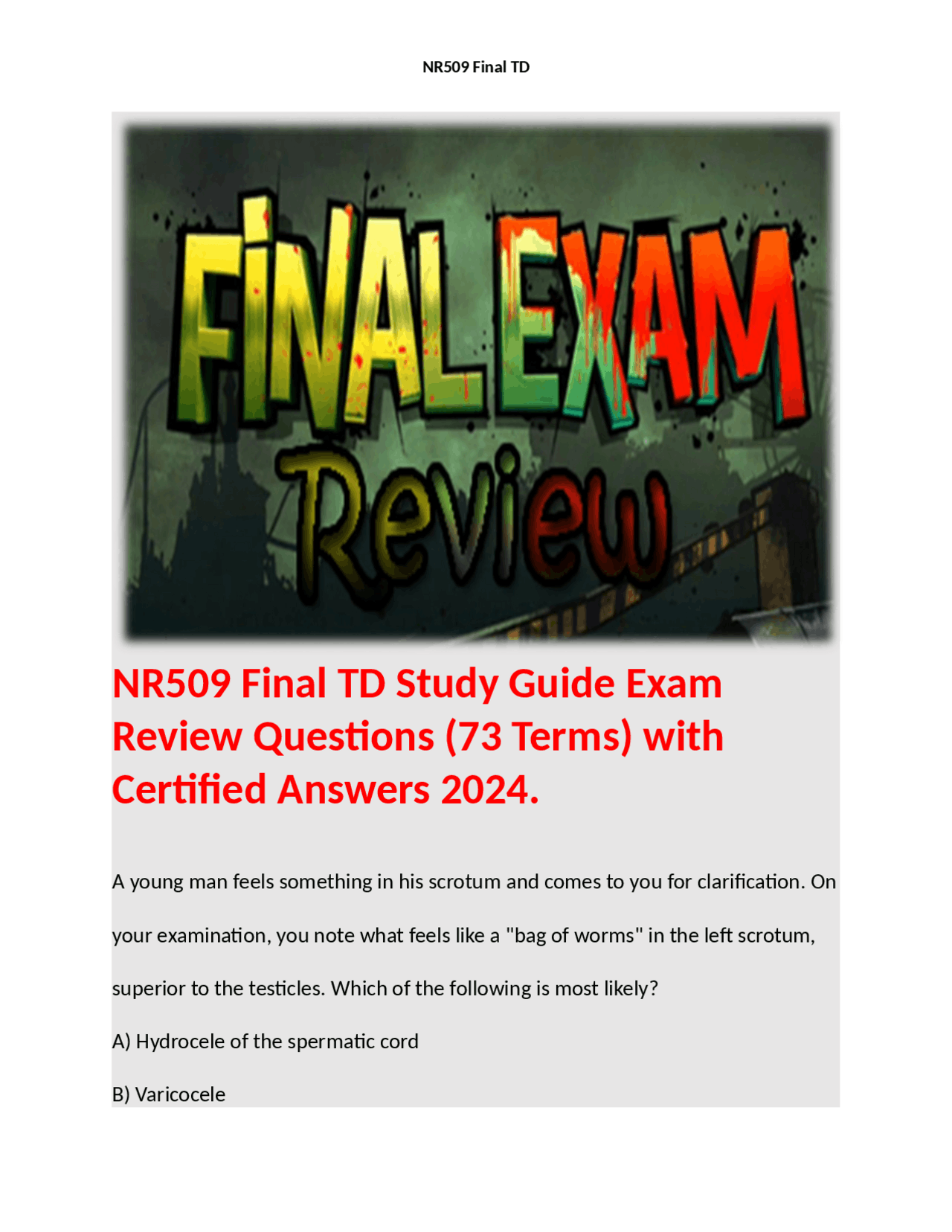 NR509 Final TD: Review Questions and Answers for Exam | Exams Nursing | Docsity