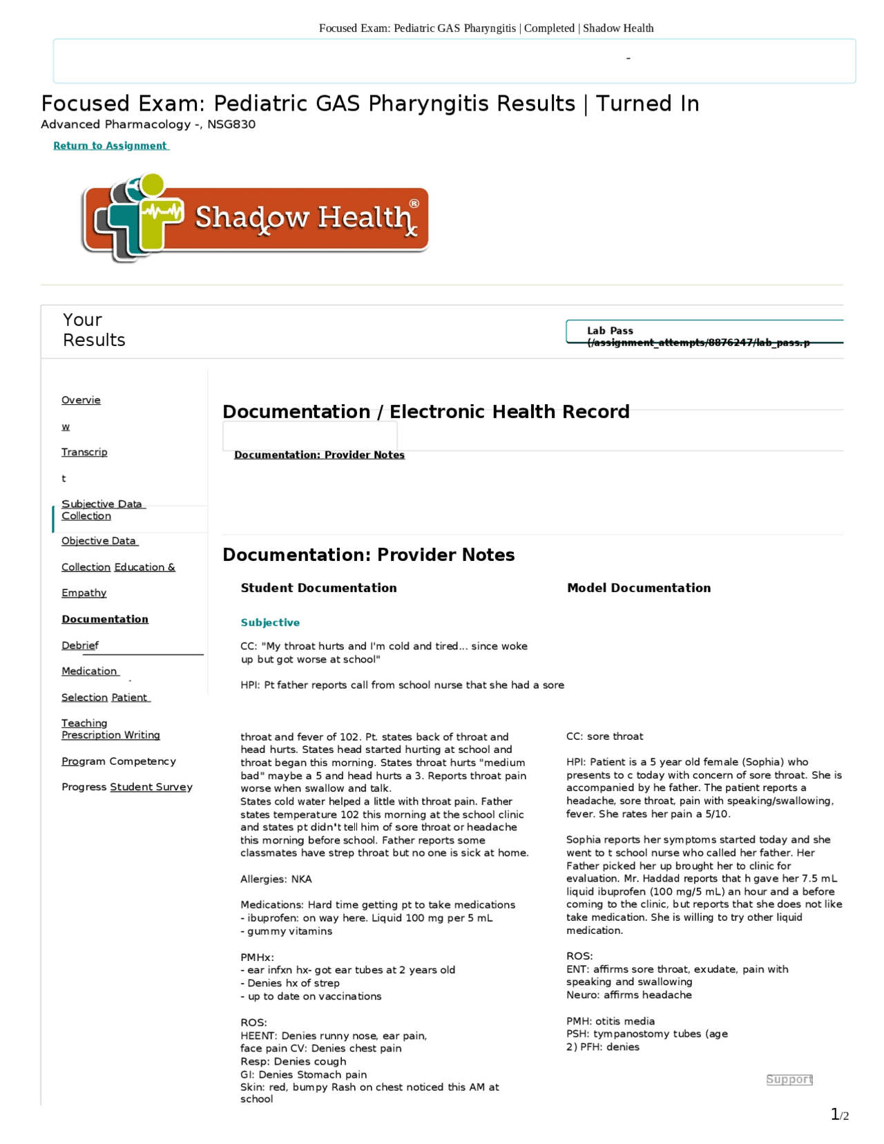 NSG 830 Focused Exam Pediatric GAS Pharyngitis Documentation ...