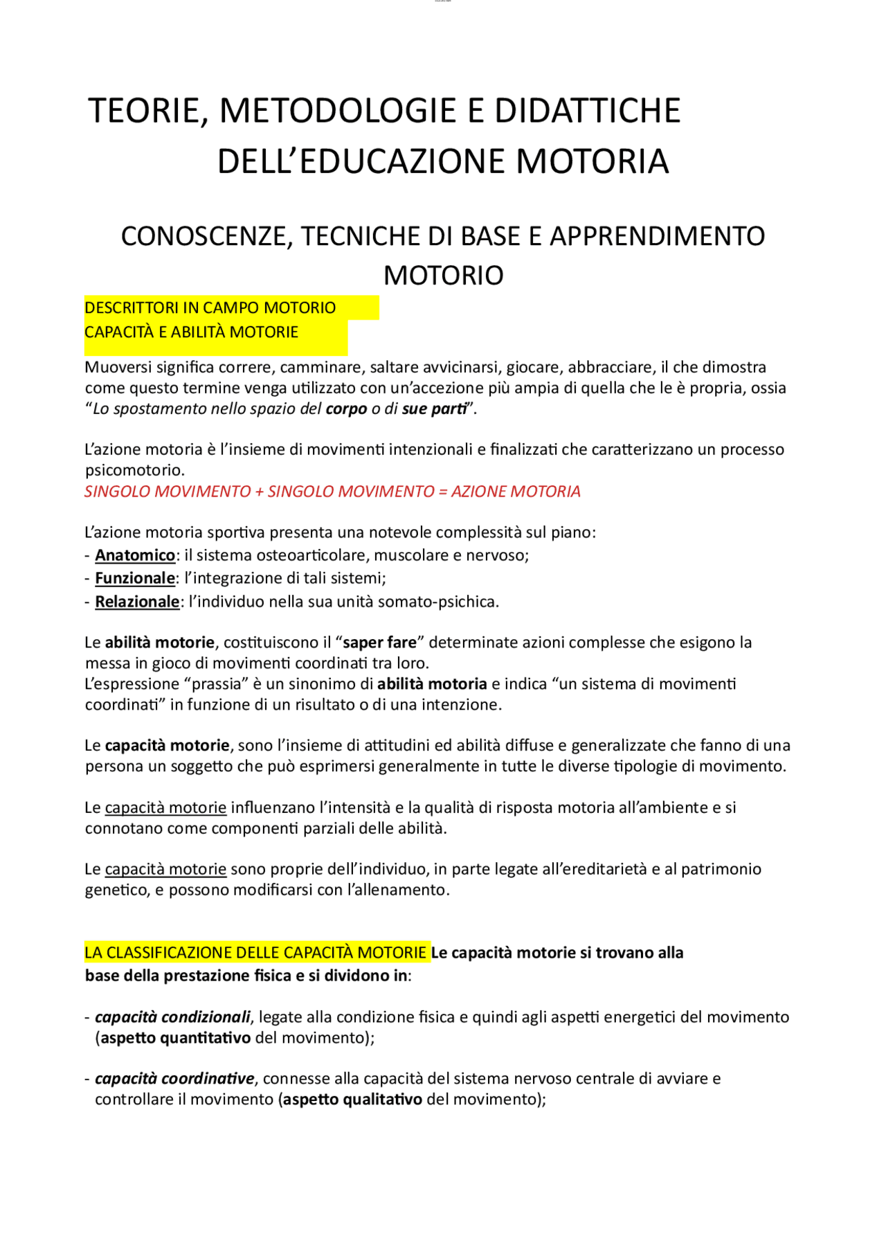 Appunti Teorie, metodologie e didattiche dell'educazione motoria ...