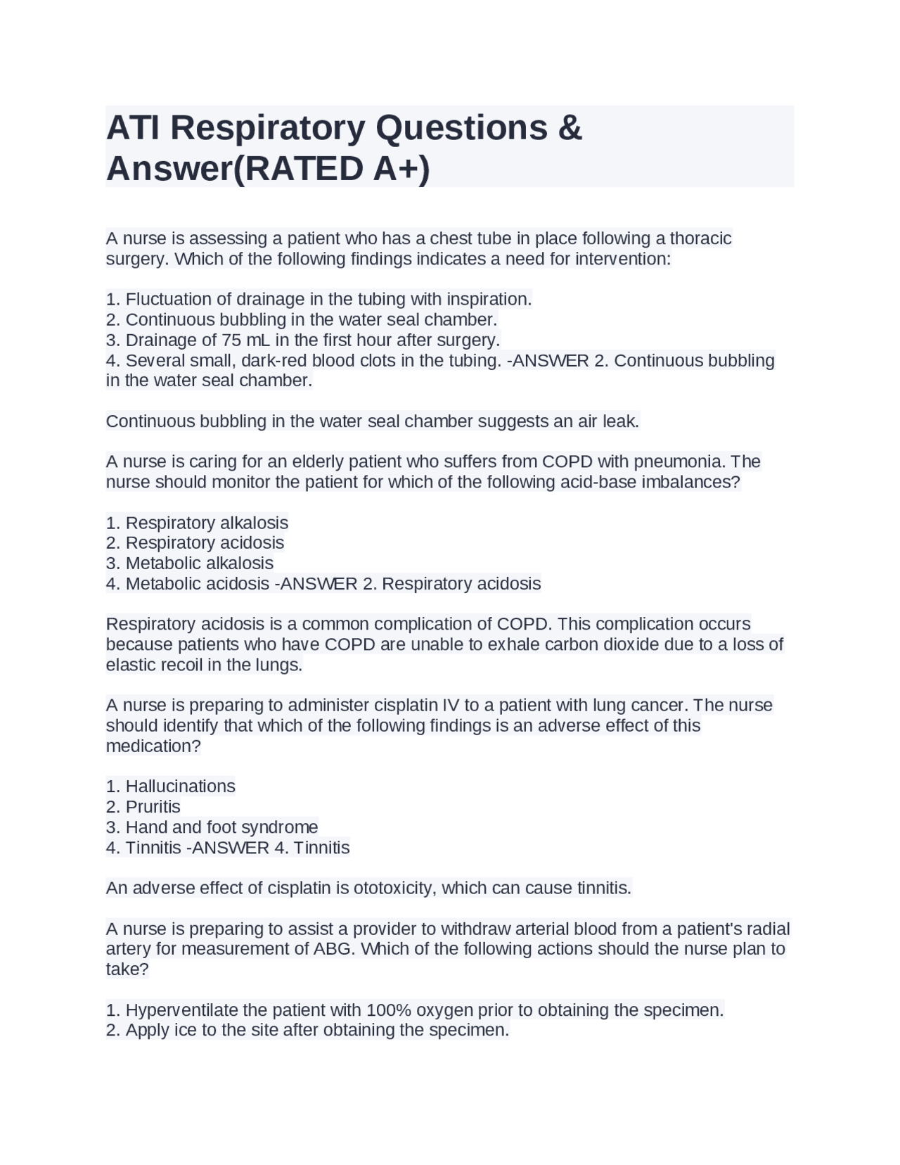 ATI Respiratory Questions & Answer(RATED A+) | Exams Biology | Docsity