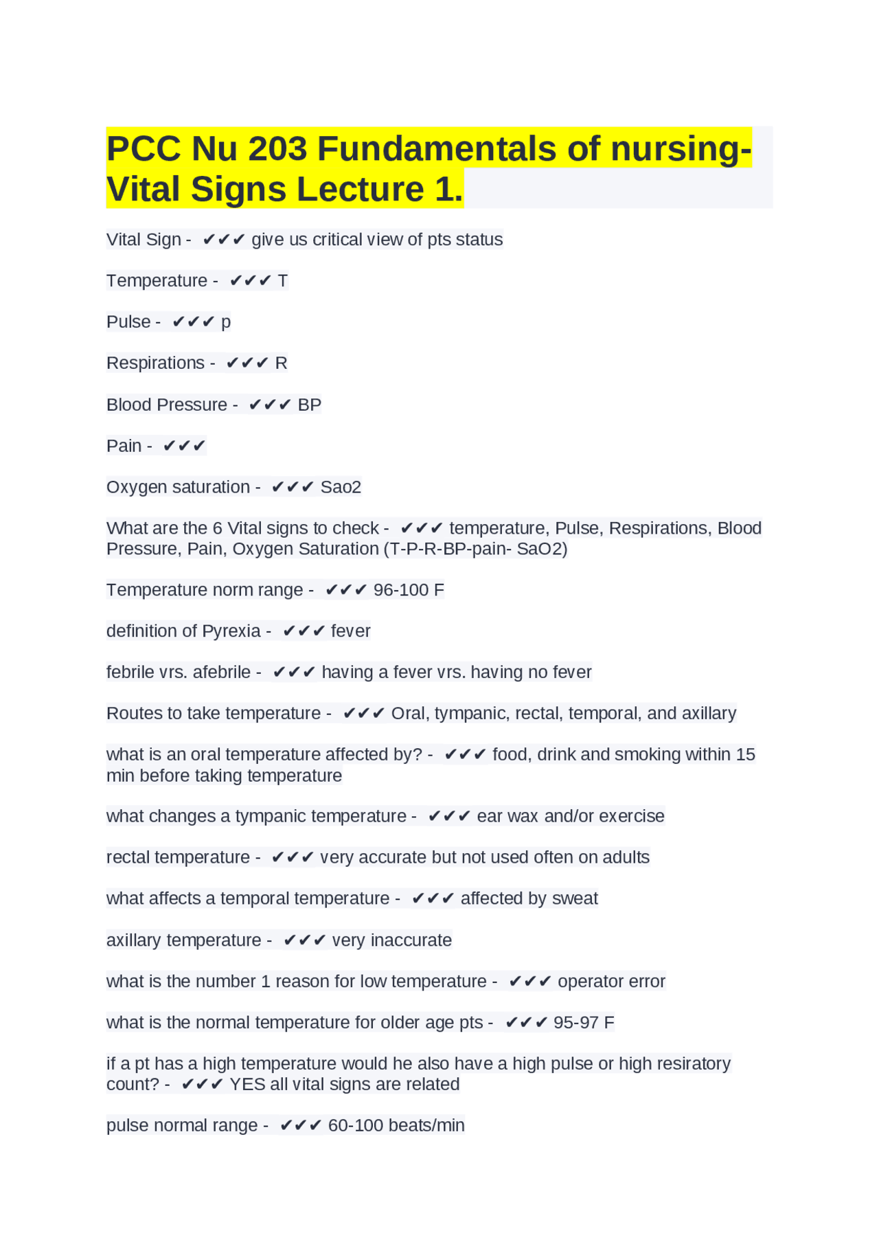 Fundamentals of Nursing: Vital Signs - Lecture 1 | Exams Nursing | Docsity
