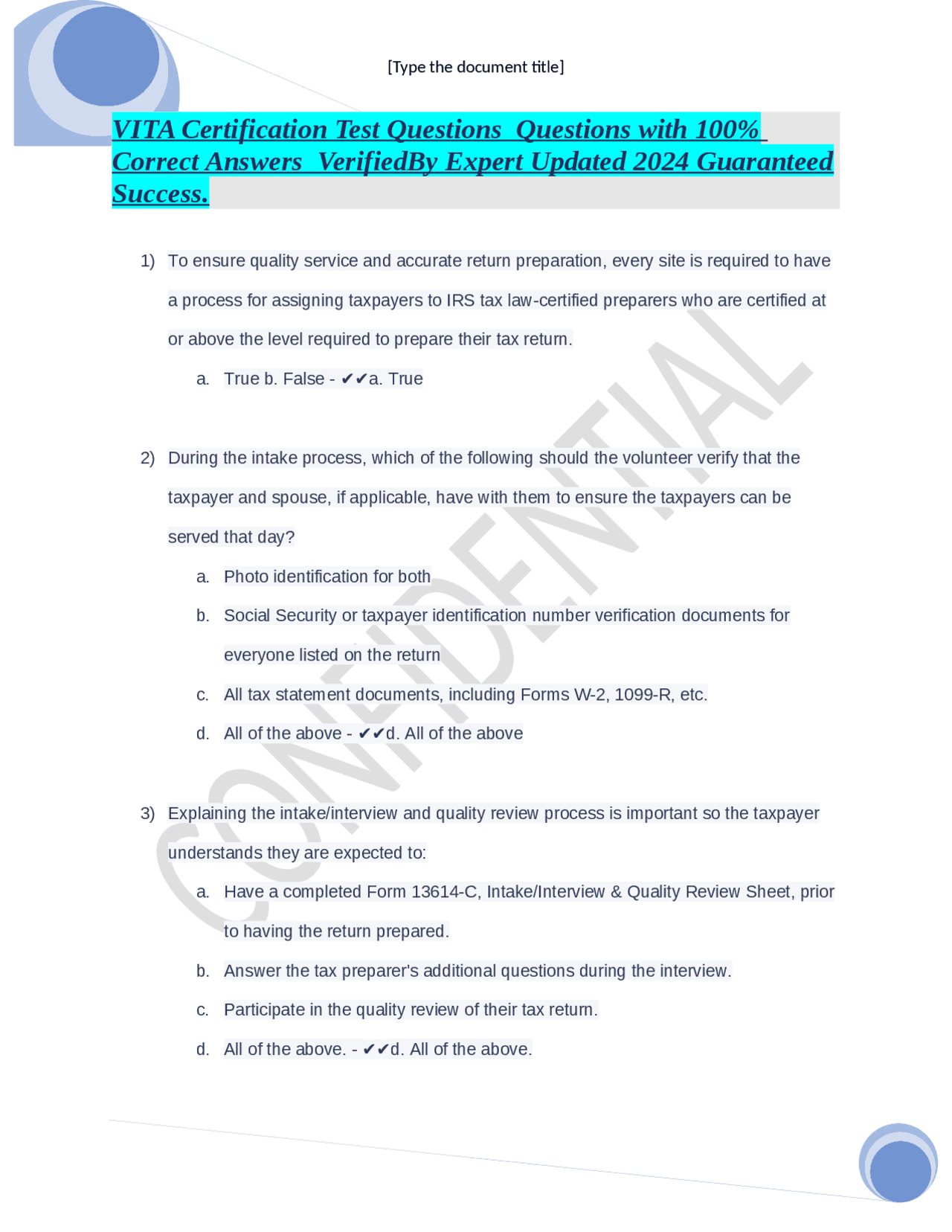 VITA Certification Test Questions Questions with 100% Correct Answers ...