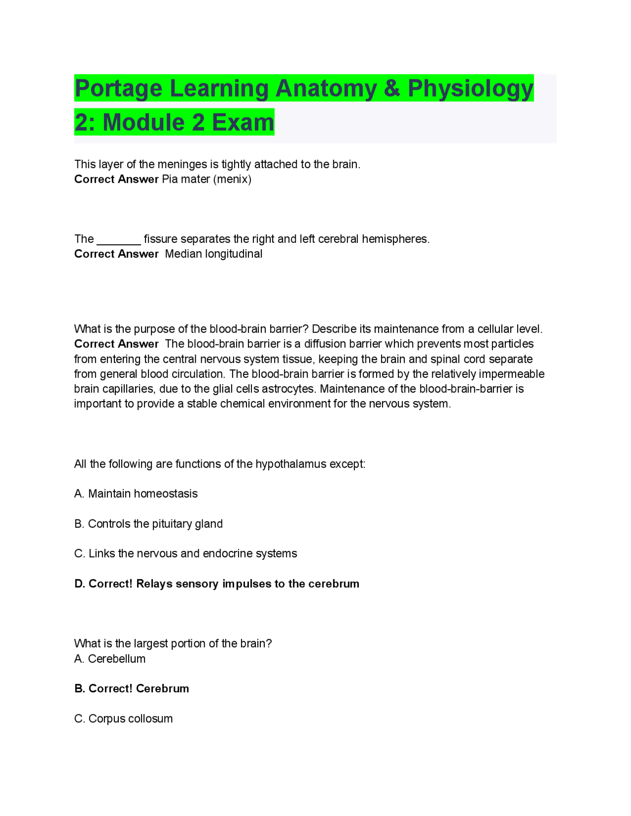 Portage Learning Anatomy & Physiology 2 Module 2 Exam Question and Answer 2024 | Exams Nursing ...