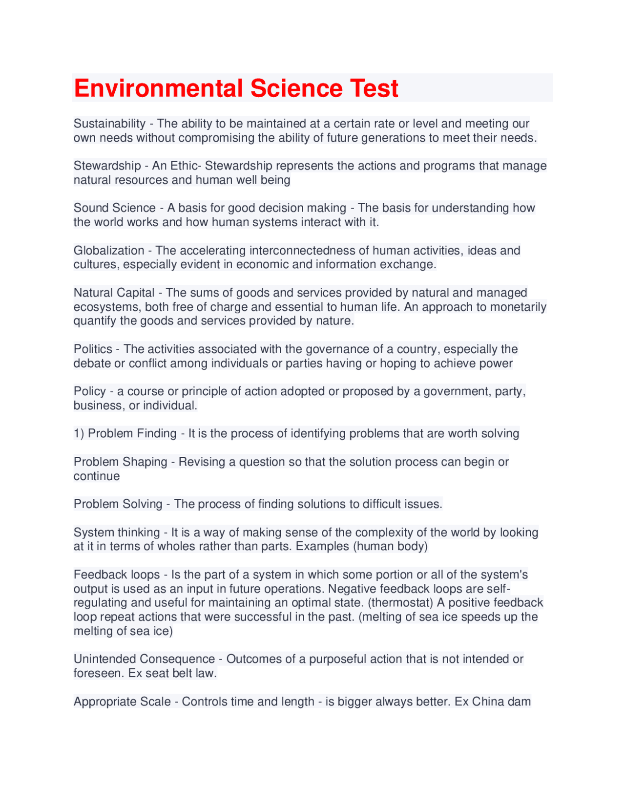 Environmental Science Test. | Exams Environmental Science | Docsity