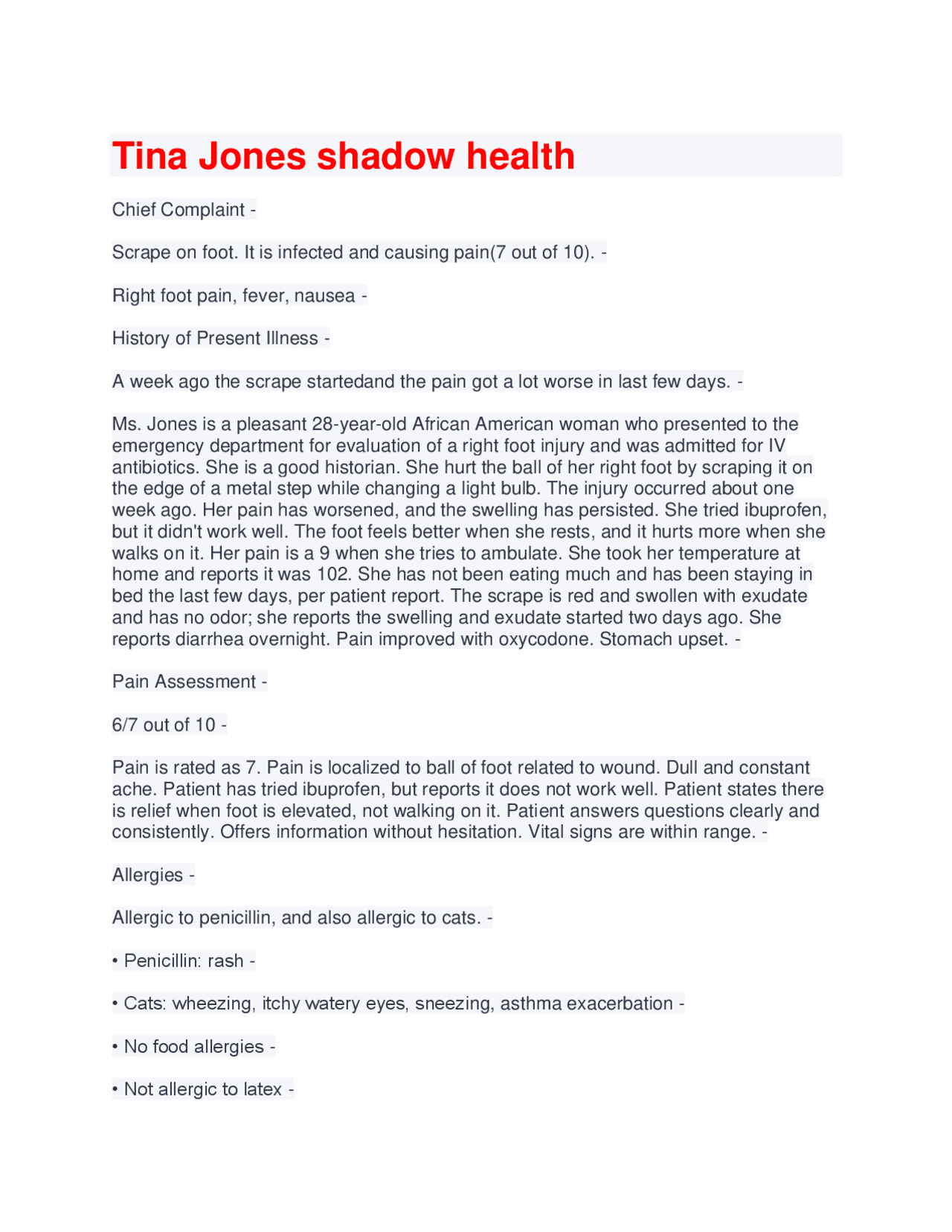 Tina Jones shadow health | Exams Nursing | Docsity