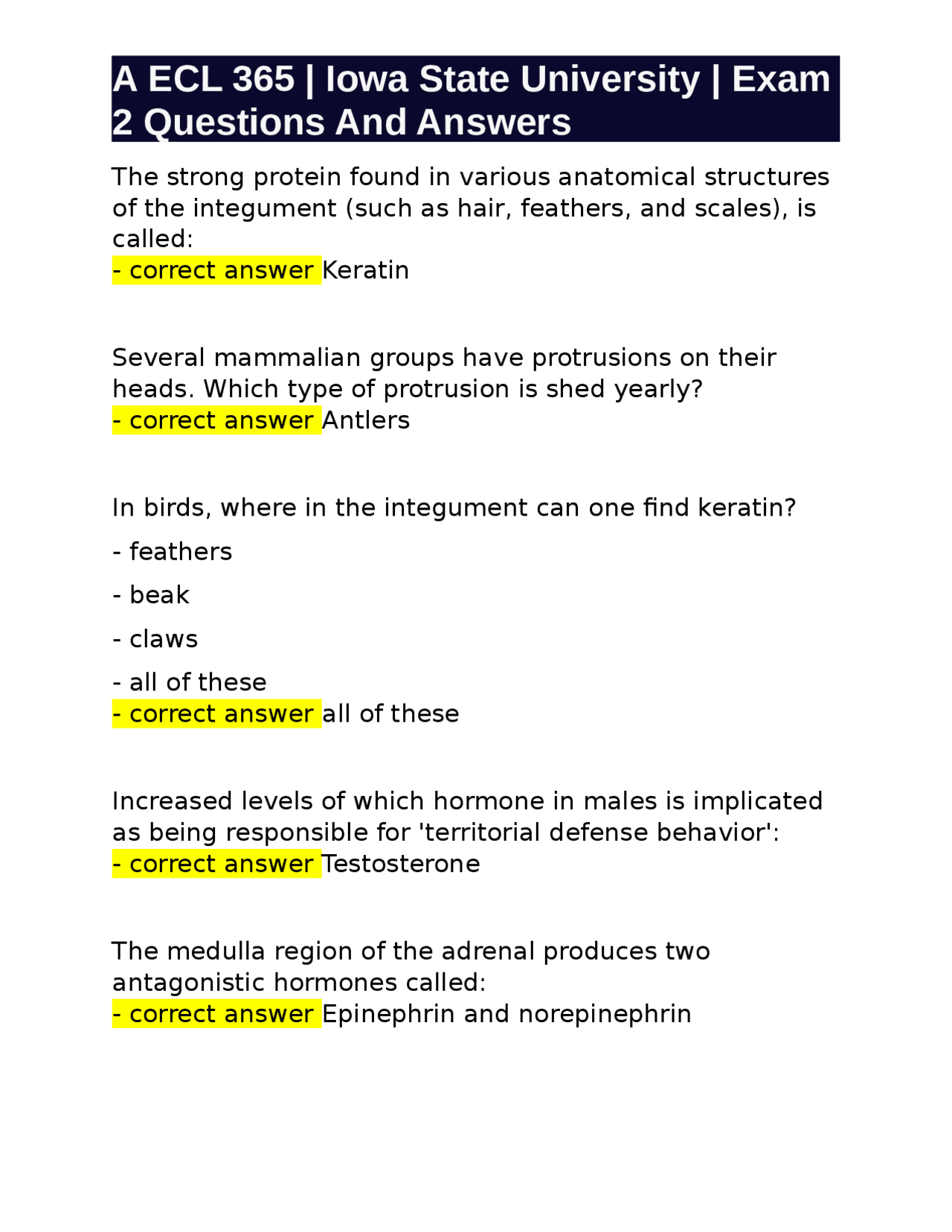 Iowa State University A ECL 365 Exam: Anatomy and Physiology Questions ...
