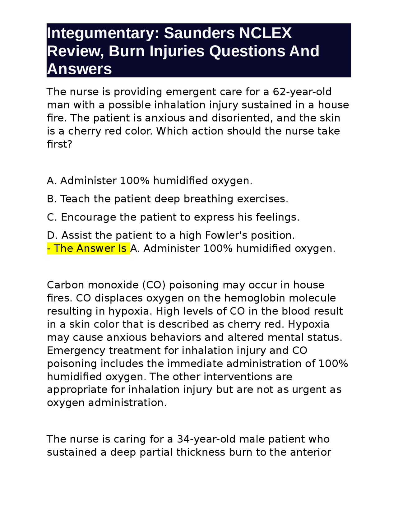 Integumentary: Saunders NCLEX Review, Burn Injuries Questions And ...