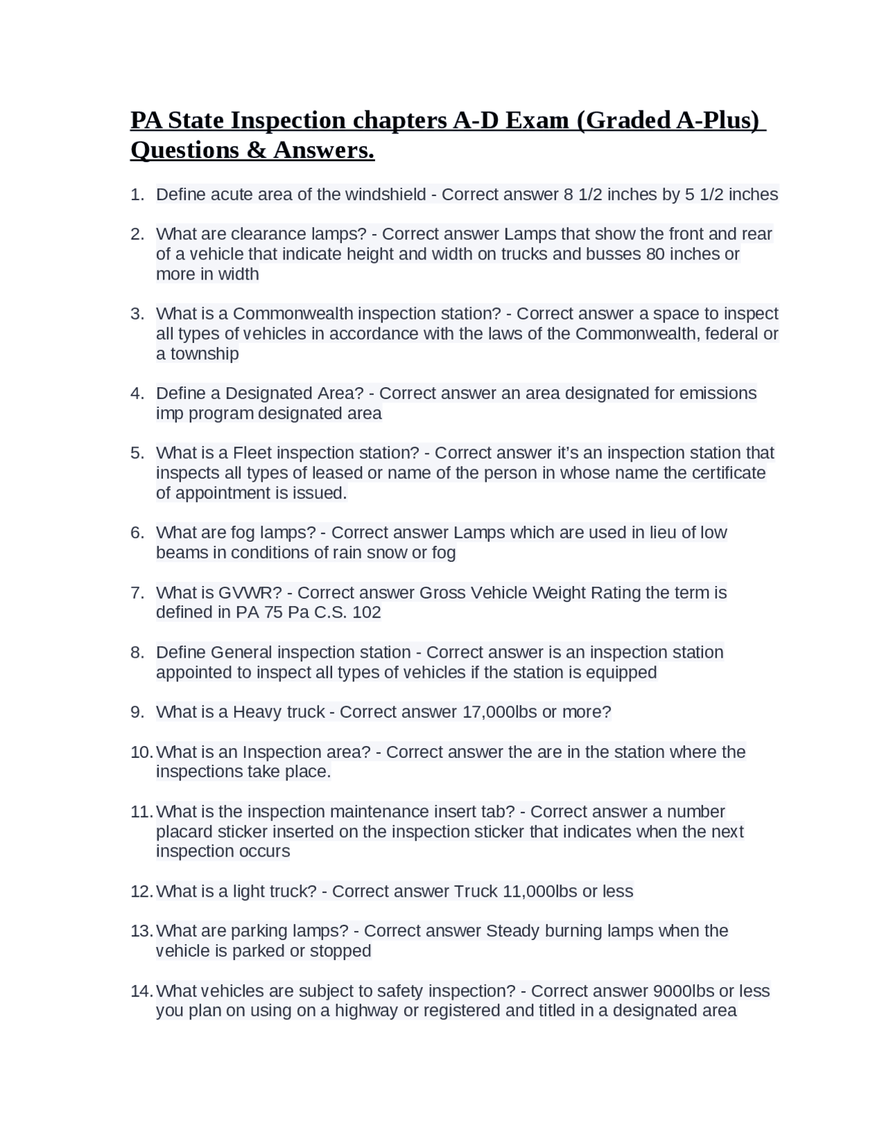 PA State Inspection chapters A-D Exam (Graded A-Plus) Questions ...