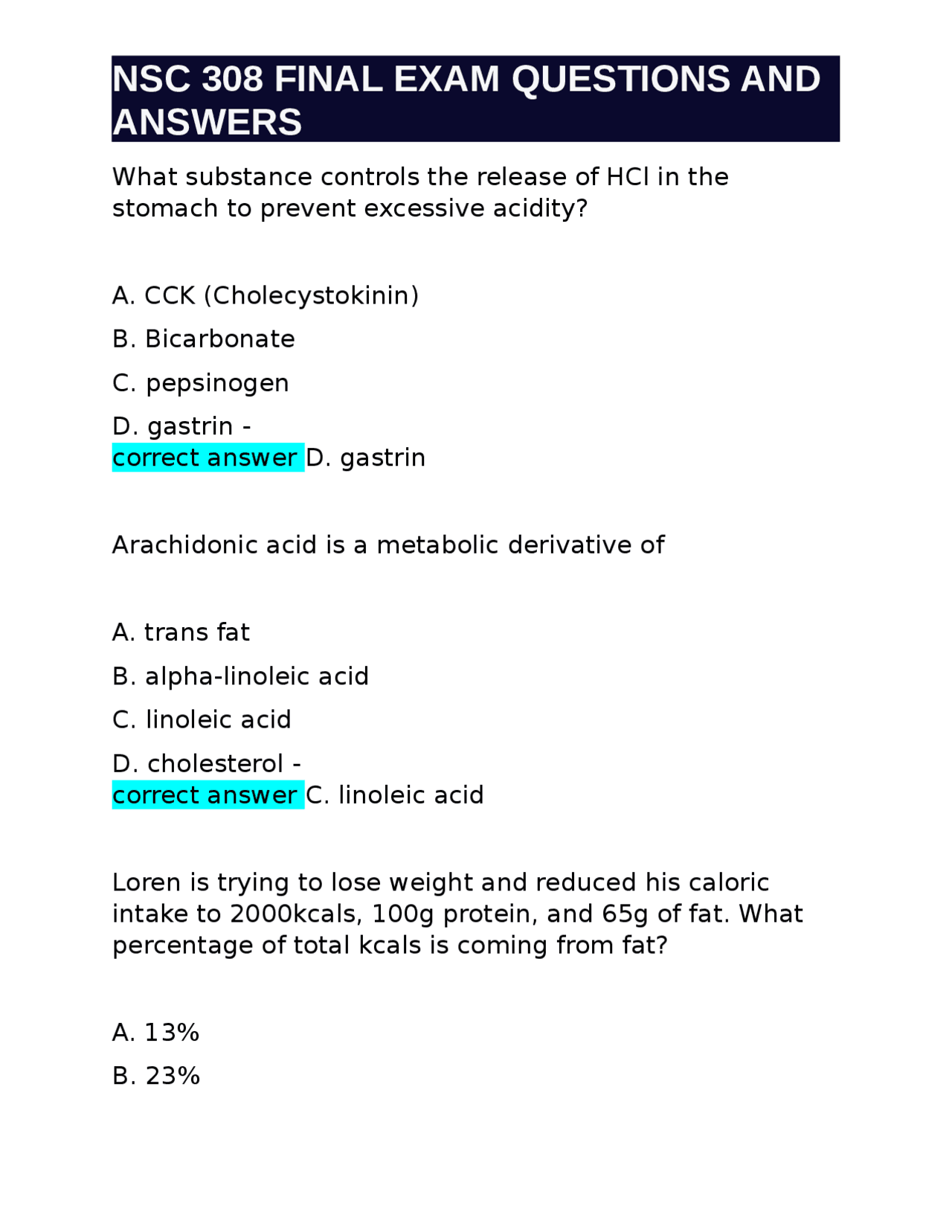 NSC 308: Final Exam Questions and Answers (Biology) | Exams Nutrition ...