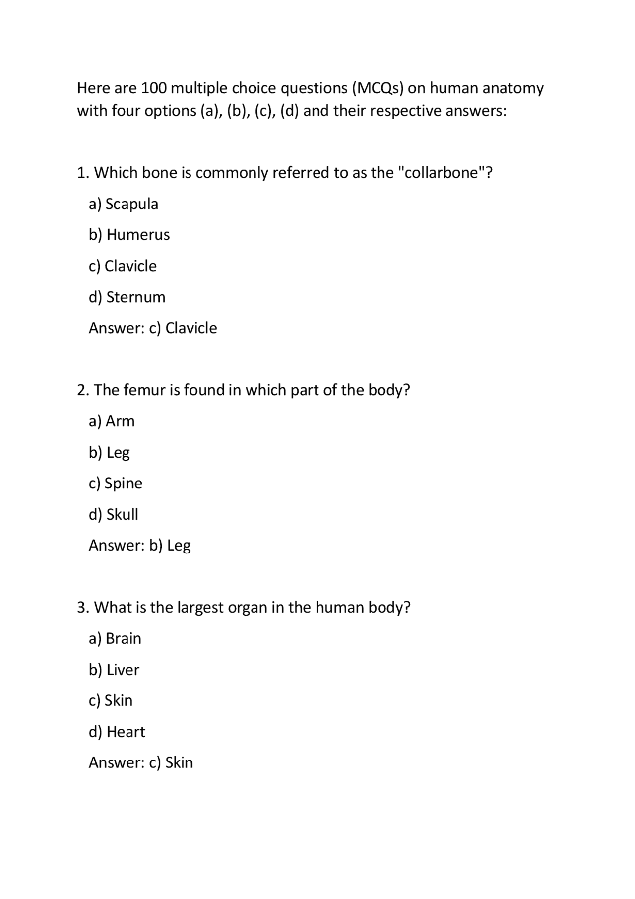 100 Multiple Choice Questions on Human Anatomy | Quizzes Anatomy | Docsity