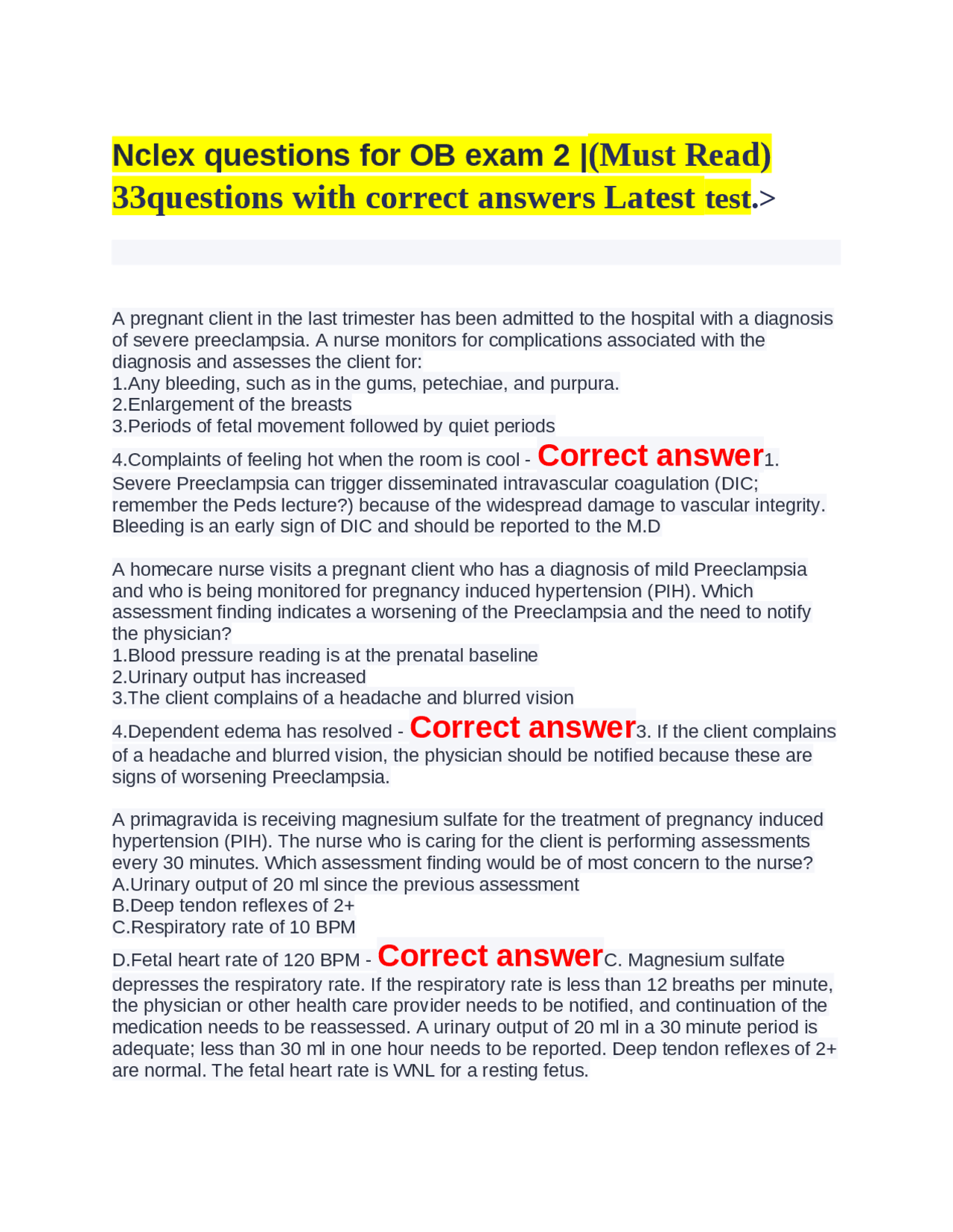Nclex questions for OB exam 2 |(Must Read) 33questions with correct ...