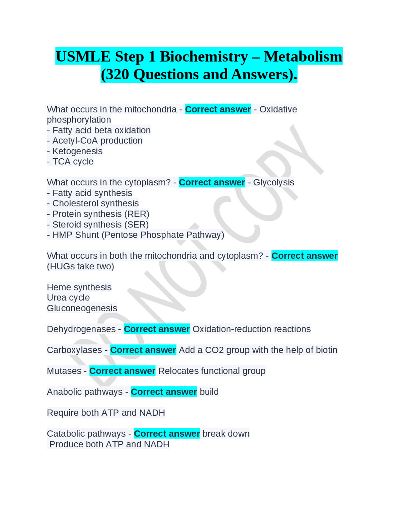 Biochemistry of Metabolic Pathways and Enzymes | Exams Biochemistry ...