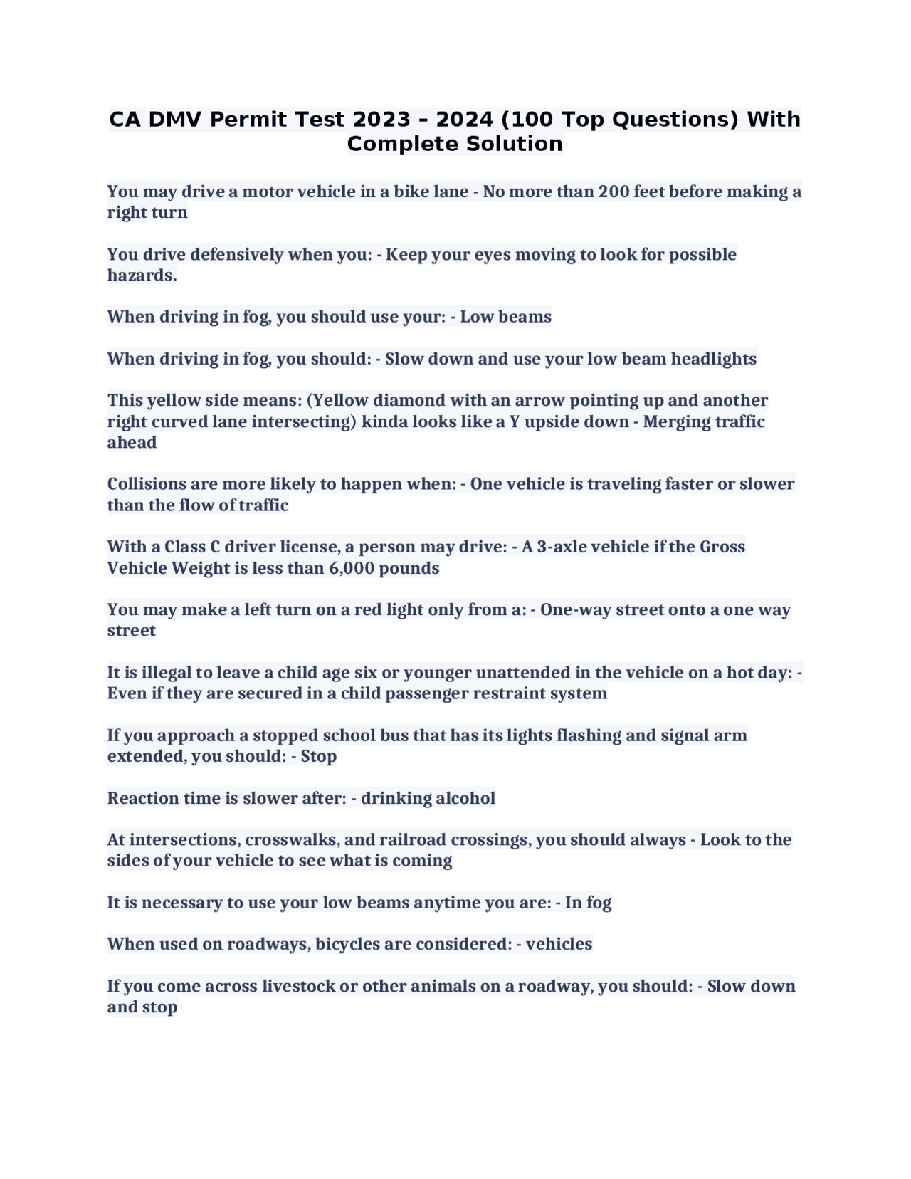 CA DMV Online Practice Test Questions With Answers (Latest 2023 – 2024 ...