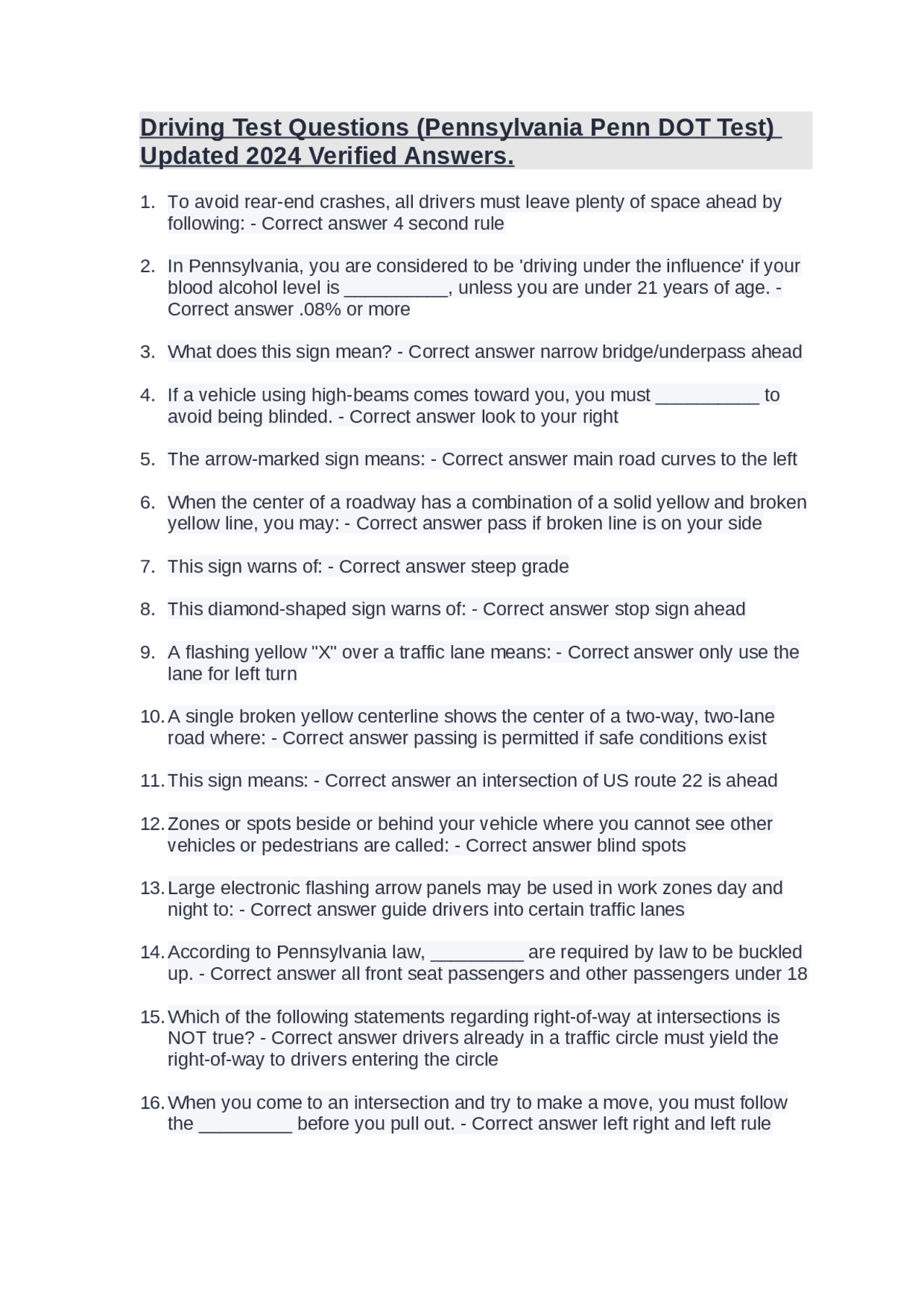 Driving Test Questions (Pennsylvania Penn DOT Test) Updated 2024 ...