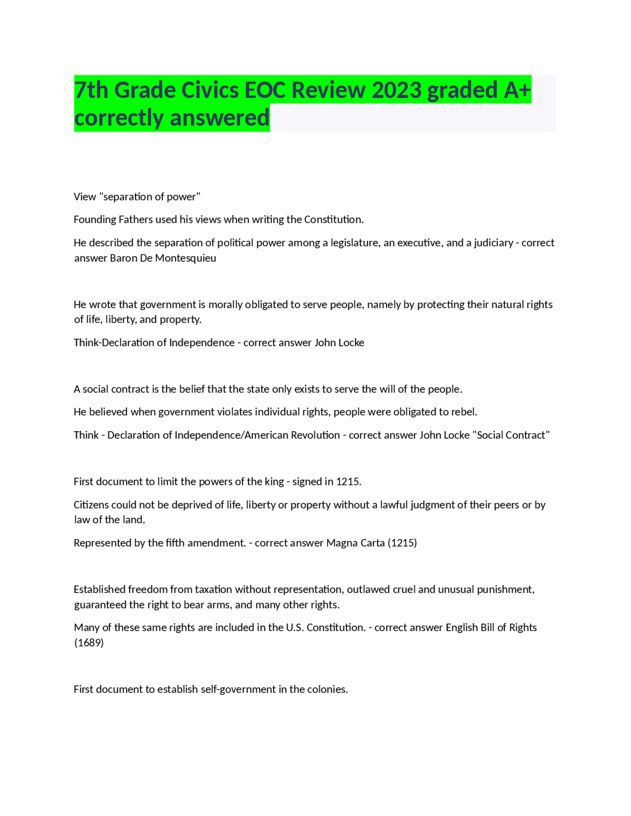 7th Grade Civics EOC Review 2023 graded A+ correctly answered | Exams ...