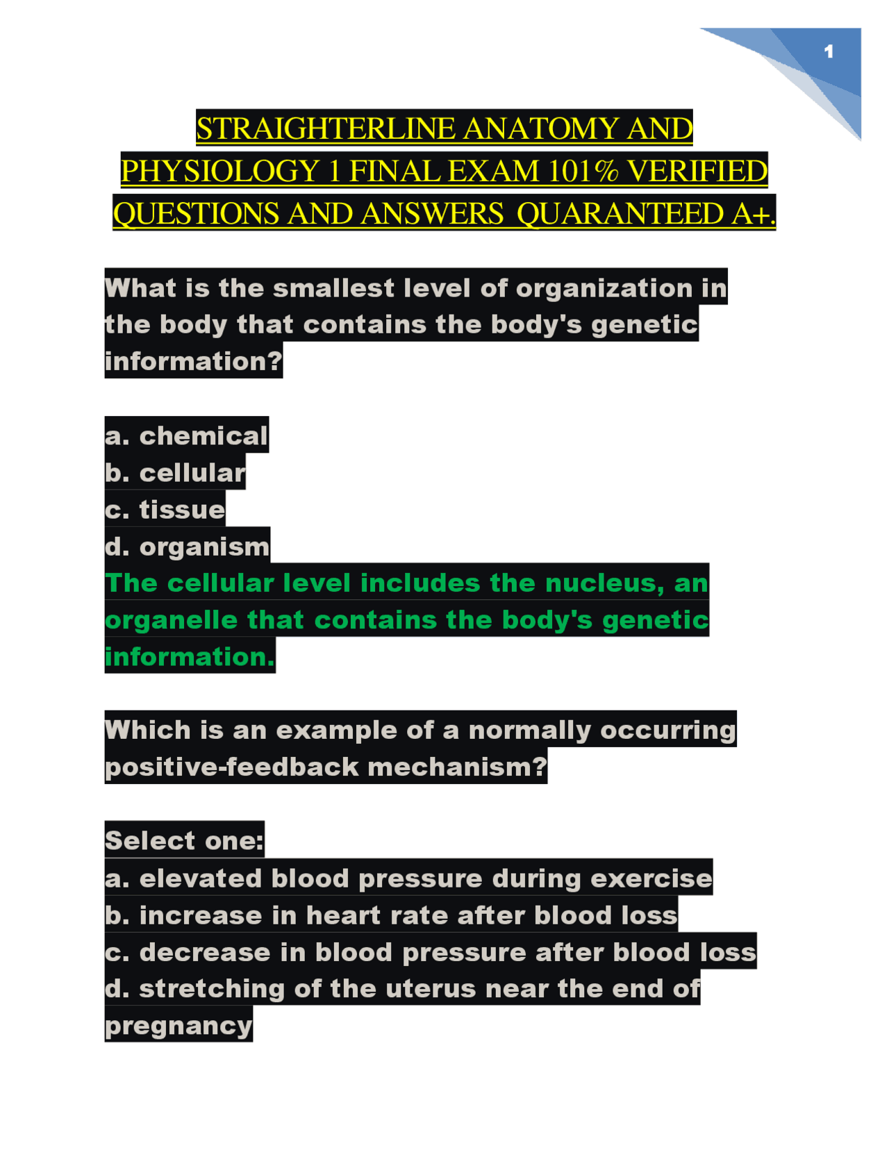 STRAIGHTERLINE ANATOMY AND PHYSIOLOGY 1 FINAL EXAM 101% VERIFIED ...