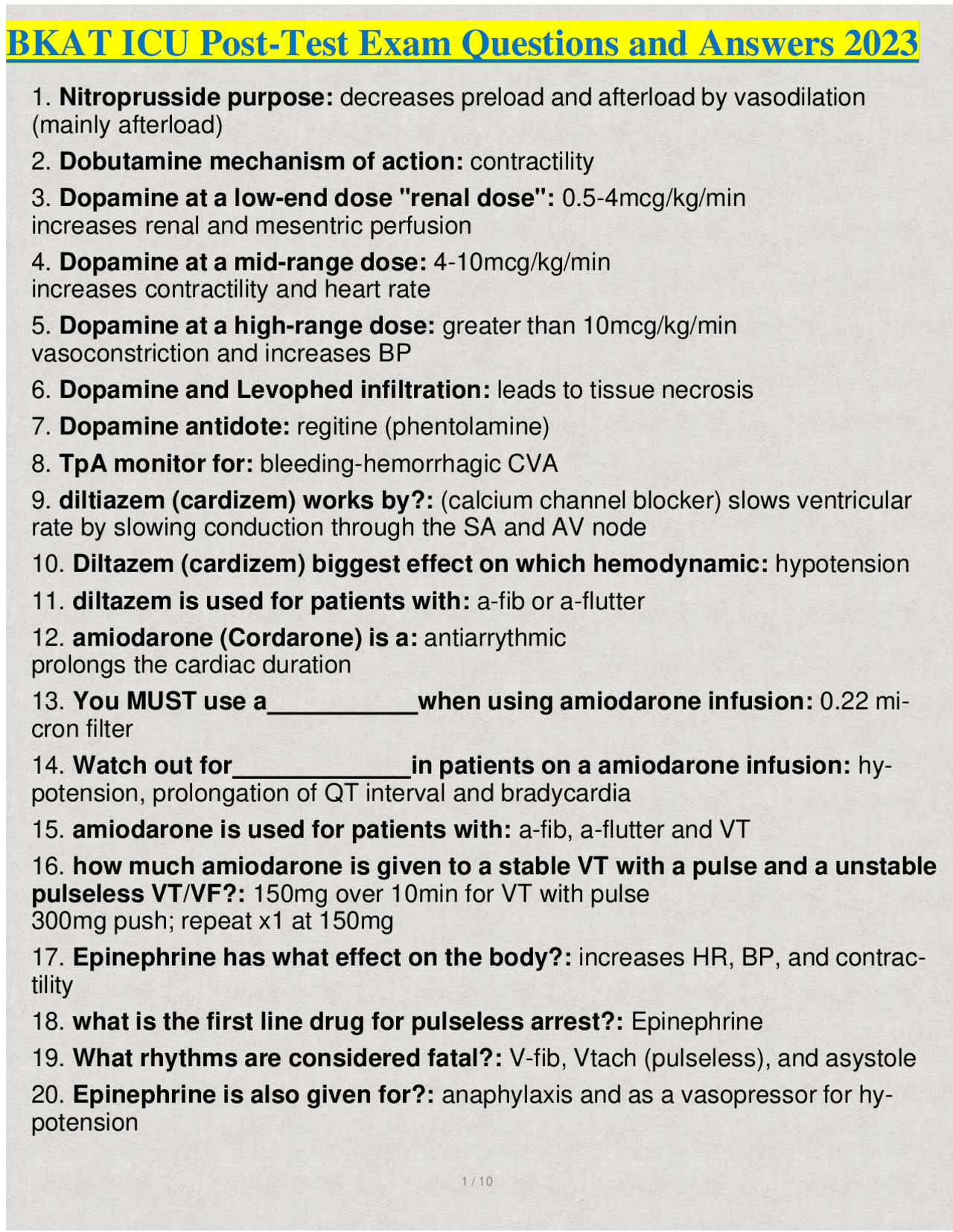 BKAT ICU Post-Test Exam Questions and Answers 2023 | Exams Nursing ...