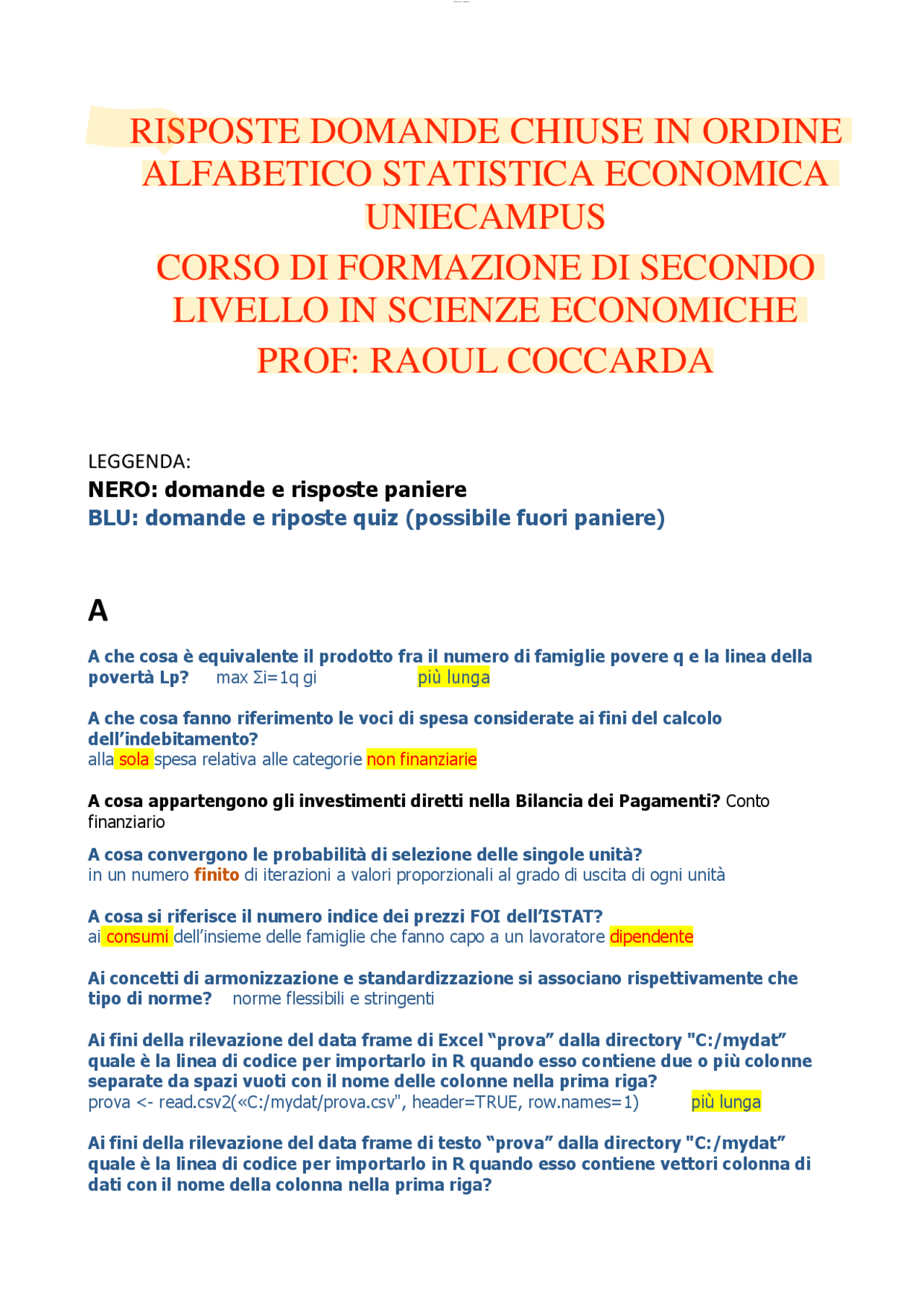 Risposte domande chiuse aggiornate 2023 uniecampus statistica economica | Panieri di Statistica ...