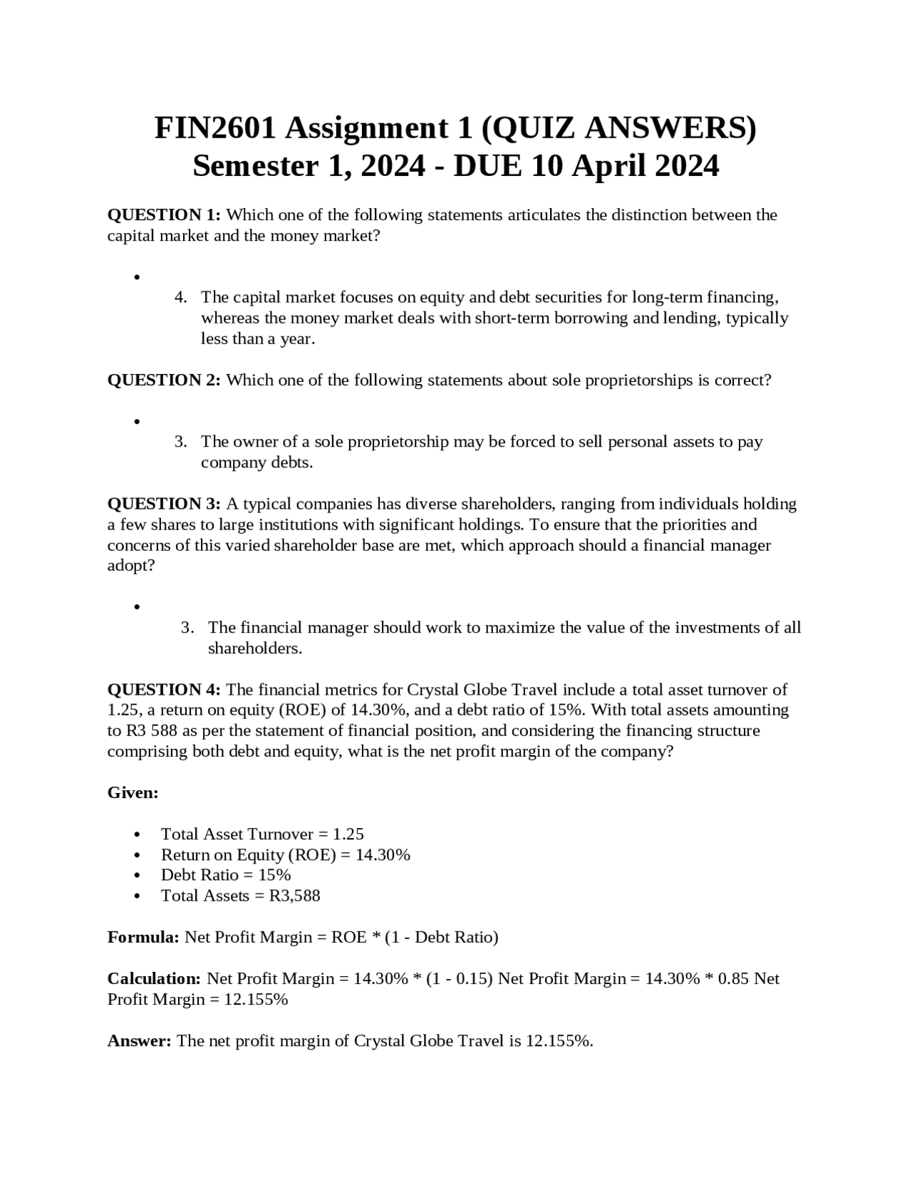 FIN2601 Assignment 1 (QUIZ ANSWERS) Semester 1 2024 - DUE 10 April 2024 | Exams Finance | Docsity