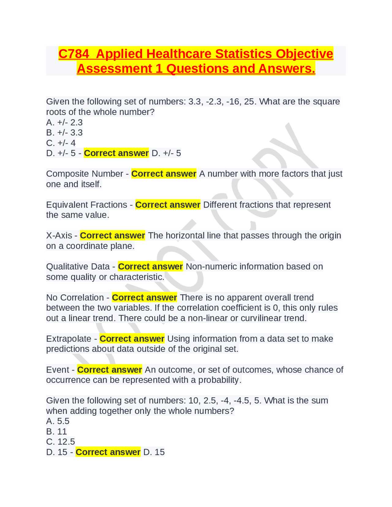 C784 Applied Healthcare Statistics Objective Assessment 1 Questions and Answers. | Exams Applied ...