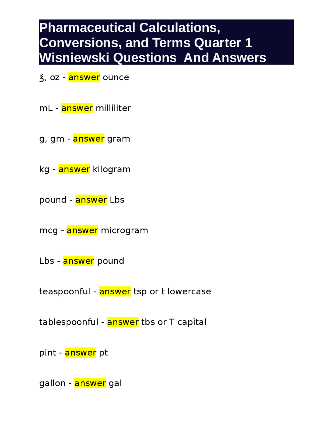 Pharmaceutical Calculations, Conversions, and Terms Quarter 1 ...