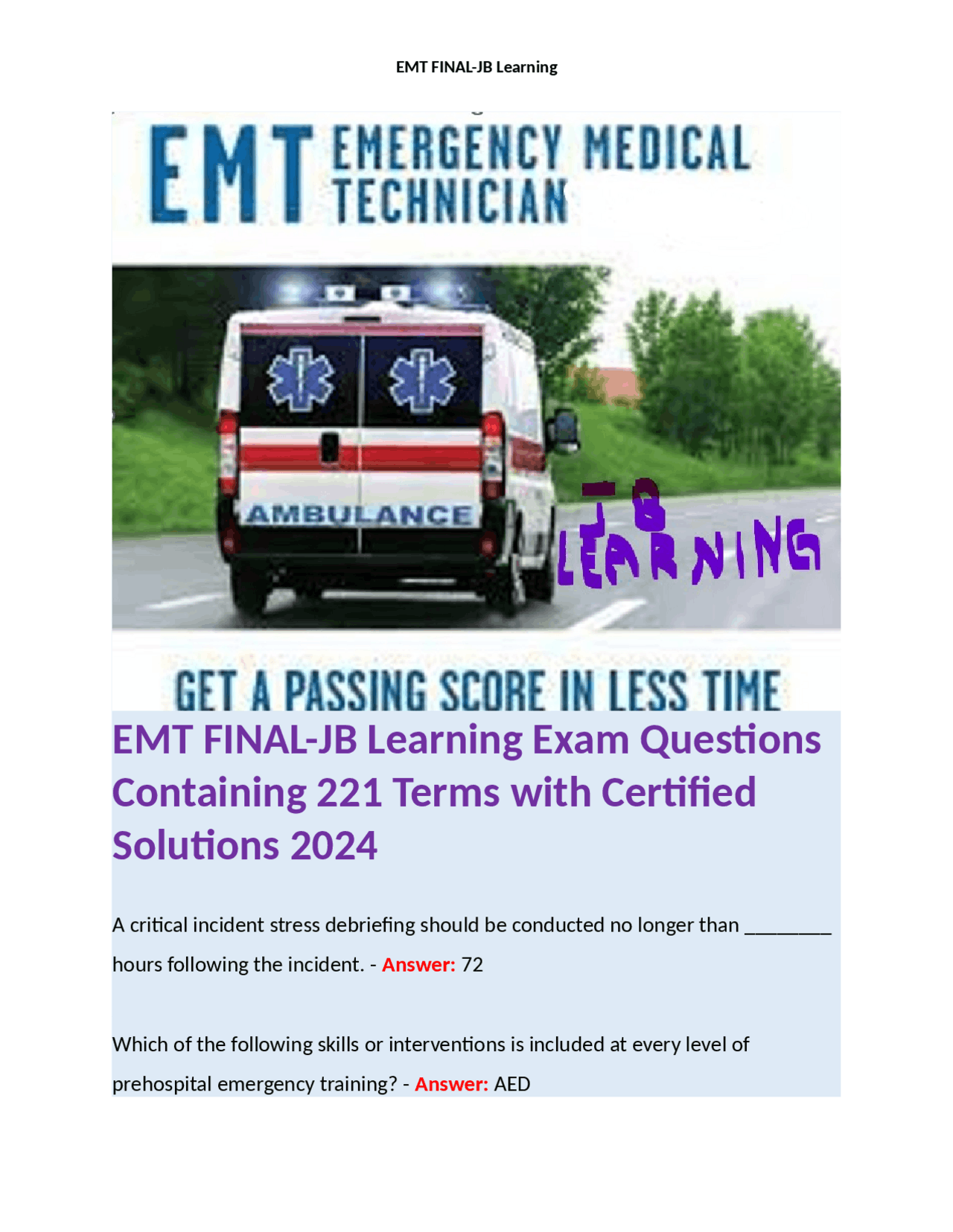 EMT Final Exam Study Notes | Exams Nursing | Docsity