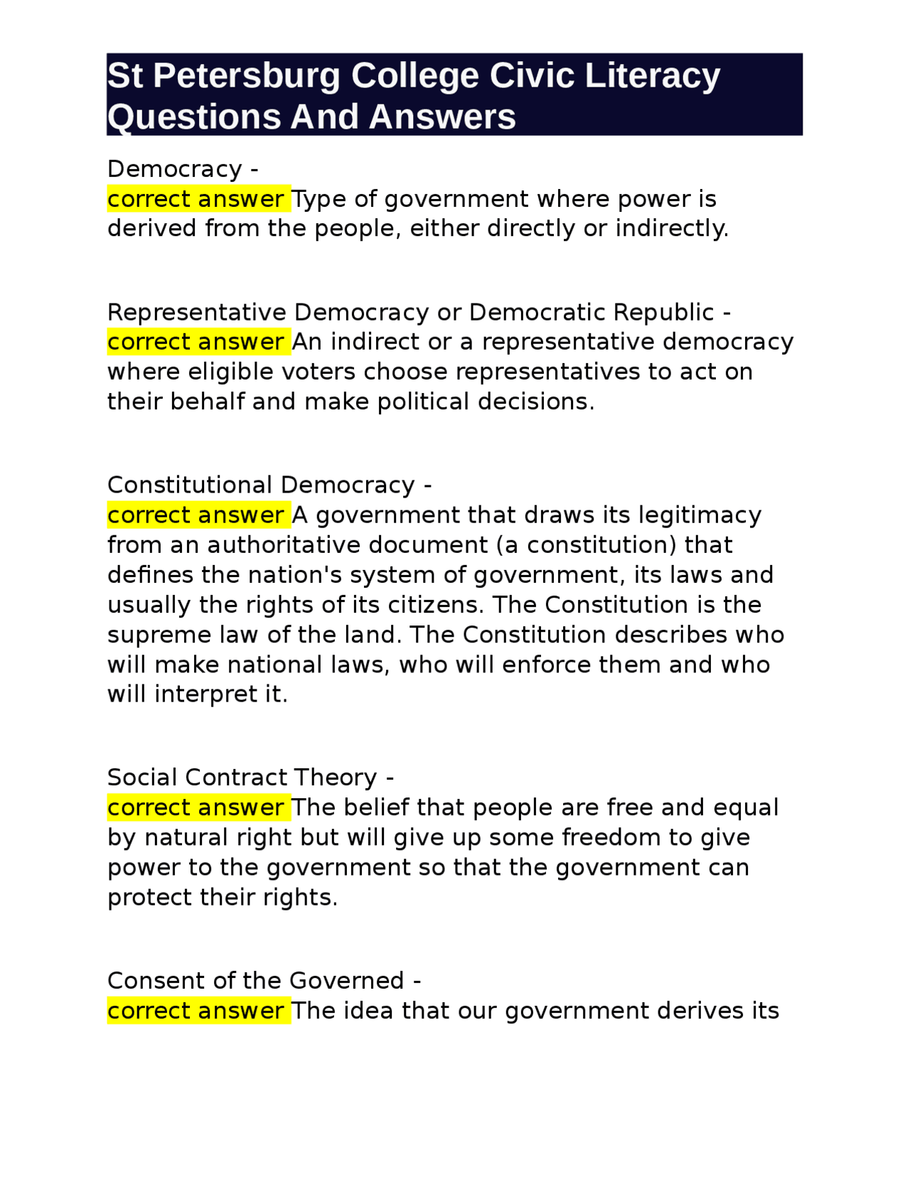 St. Petersburg College Civic Literacy: American Govt. & Constitution Q ...
