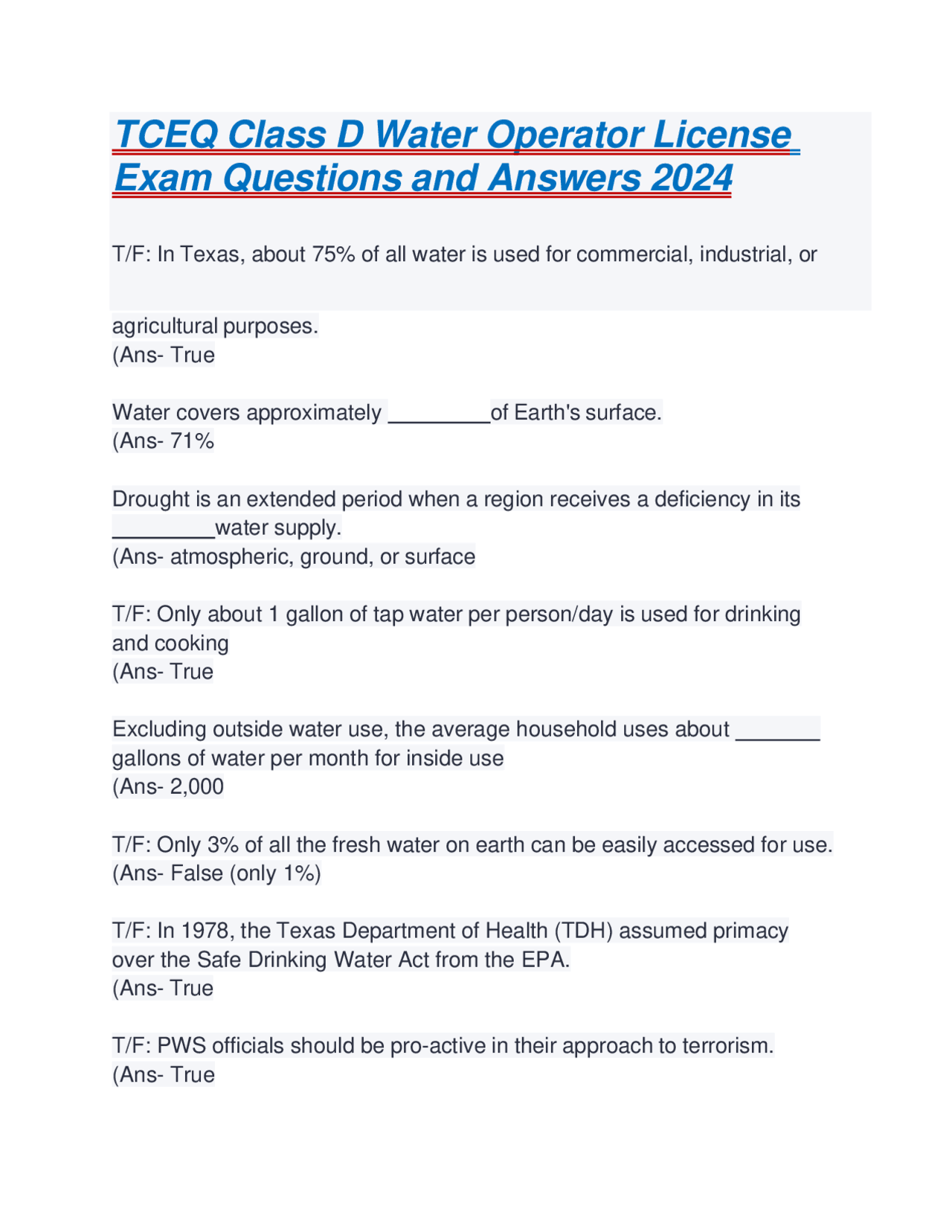 TCEQ Class D Water Operator License Exam Questions and Answers 2024 ...