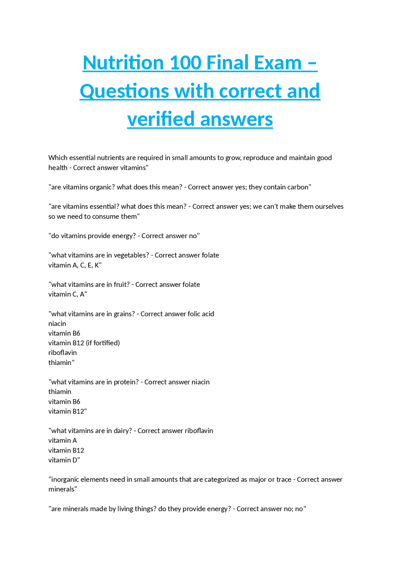 Nutrition 100 Final Exam – Questions with correct and verified answers ...