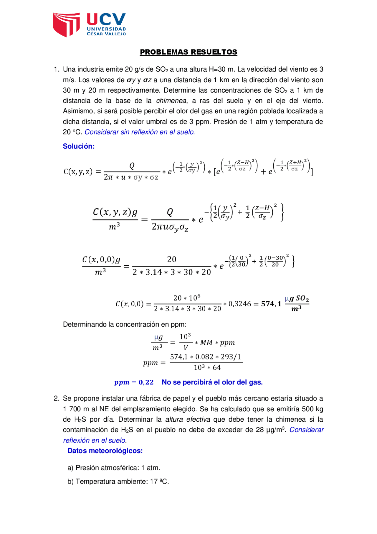 modelamiento de problemas | Ejercicios de Ingeniería Ambiental | Docsity