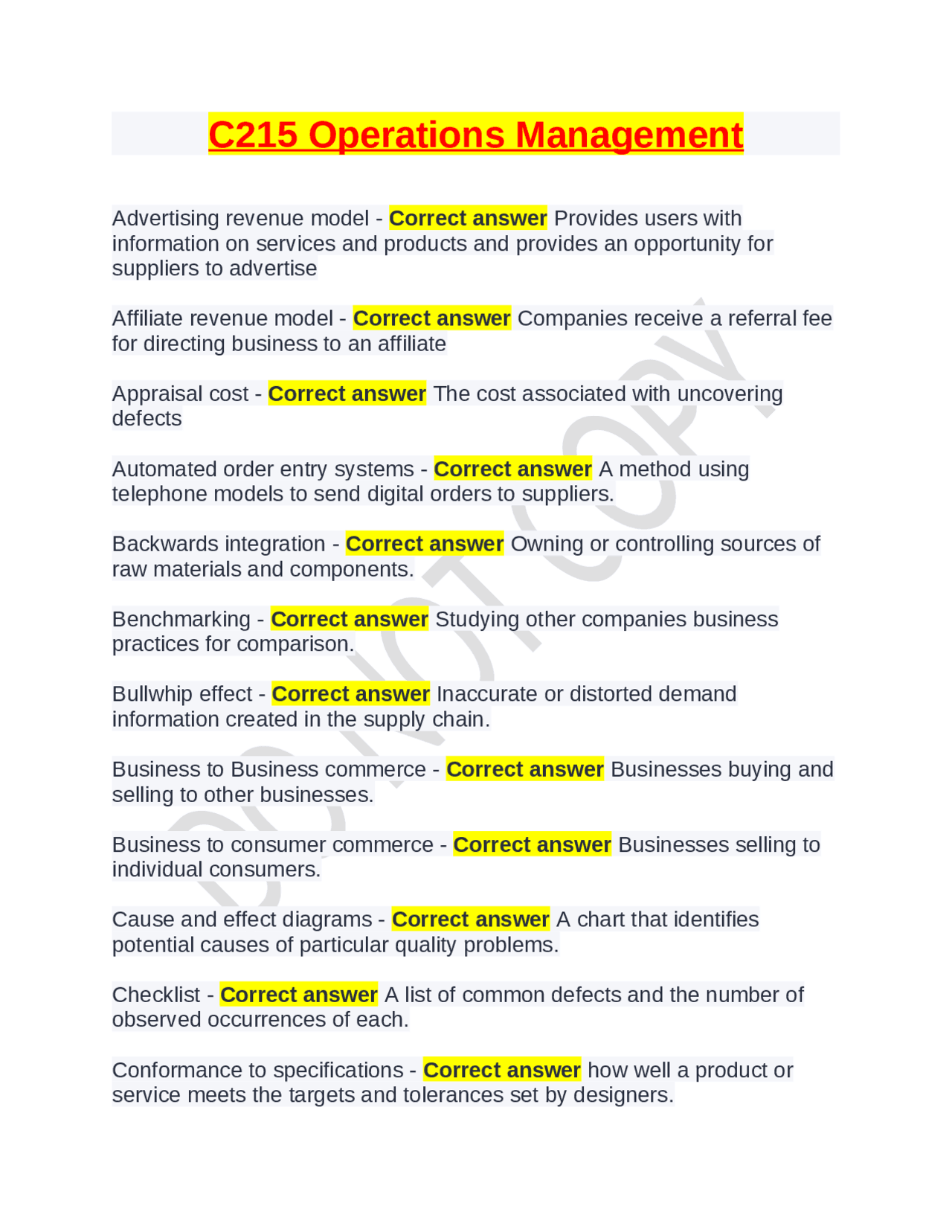 C215 Operations Management | Exams Mechanical Engineering | Docsity