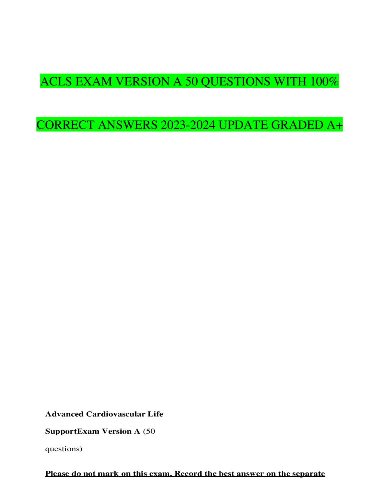 Advanced Cardiovascular Life Support (ACLS) Exam Questions and Answers | Exams Nursing | Docsity