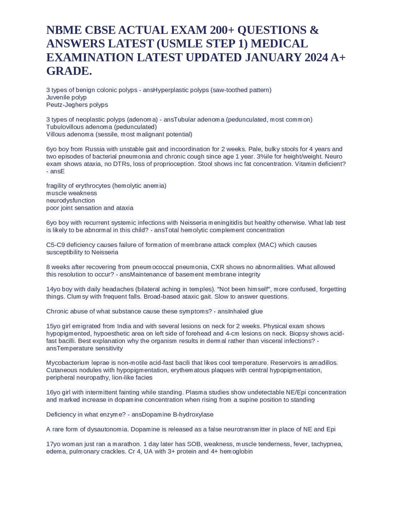 NBME CBSE ACTUAL EXAM 200+ QUESTIONS & ANSWERS LATEST (USMLE STEP 1 ...